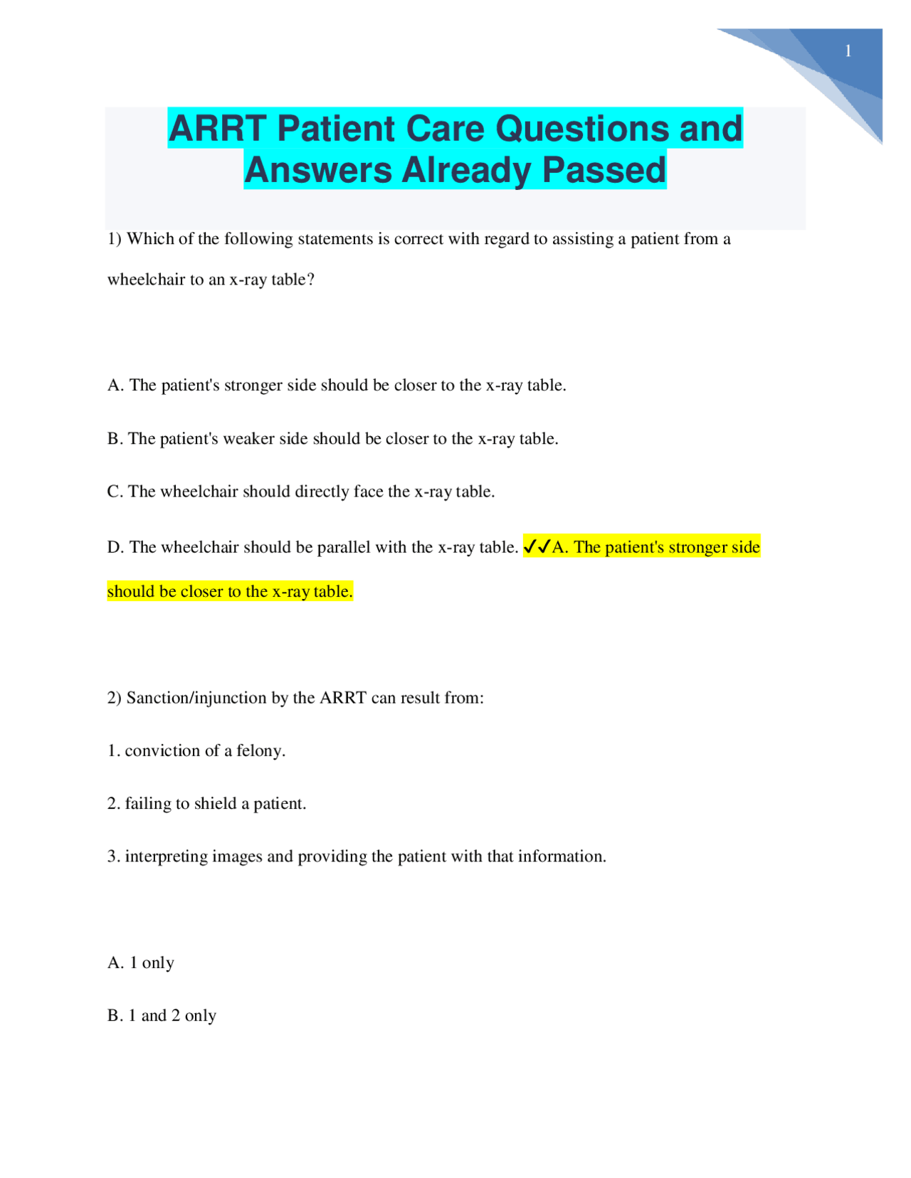 ARRT Patient Care Questions and Answers Already Passed 2023-2024 ...