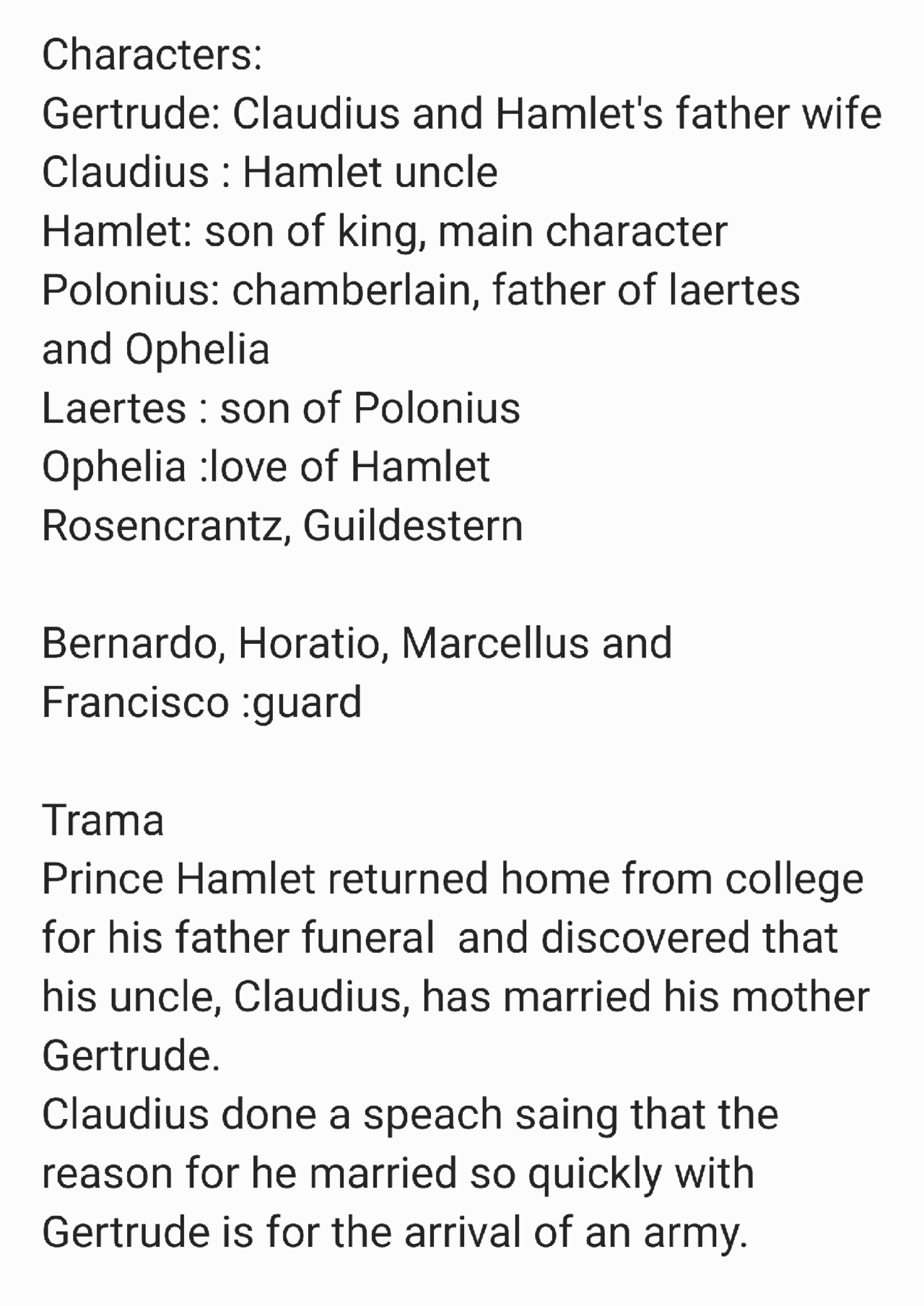 Hamlet's characters and summary. | Dispense di Inglese | Docsity