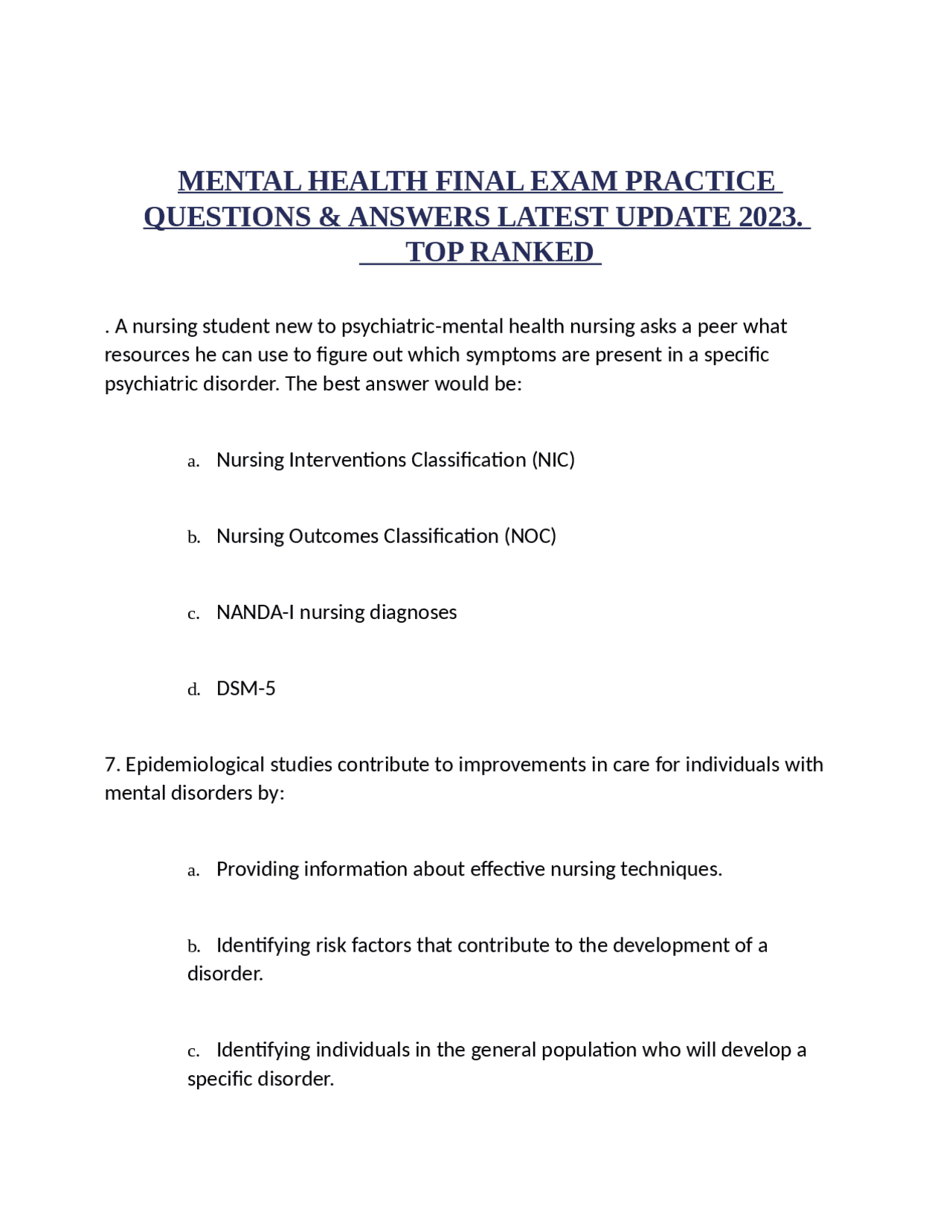 Mental Health Final Exam Practice Questions And Answers Latest Update