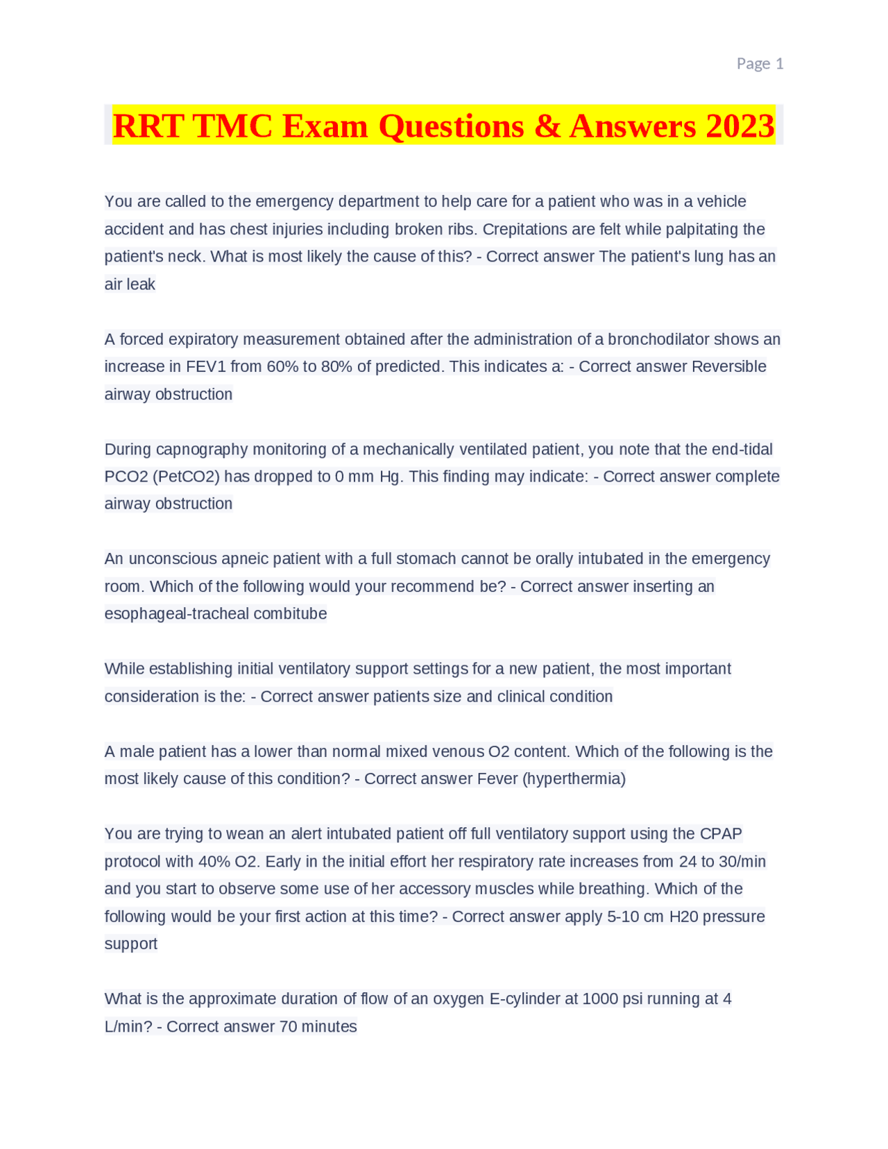 RRT TMC Exam Questions & Answers 2023 | Exams Health sciences | Docsity