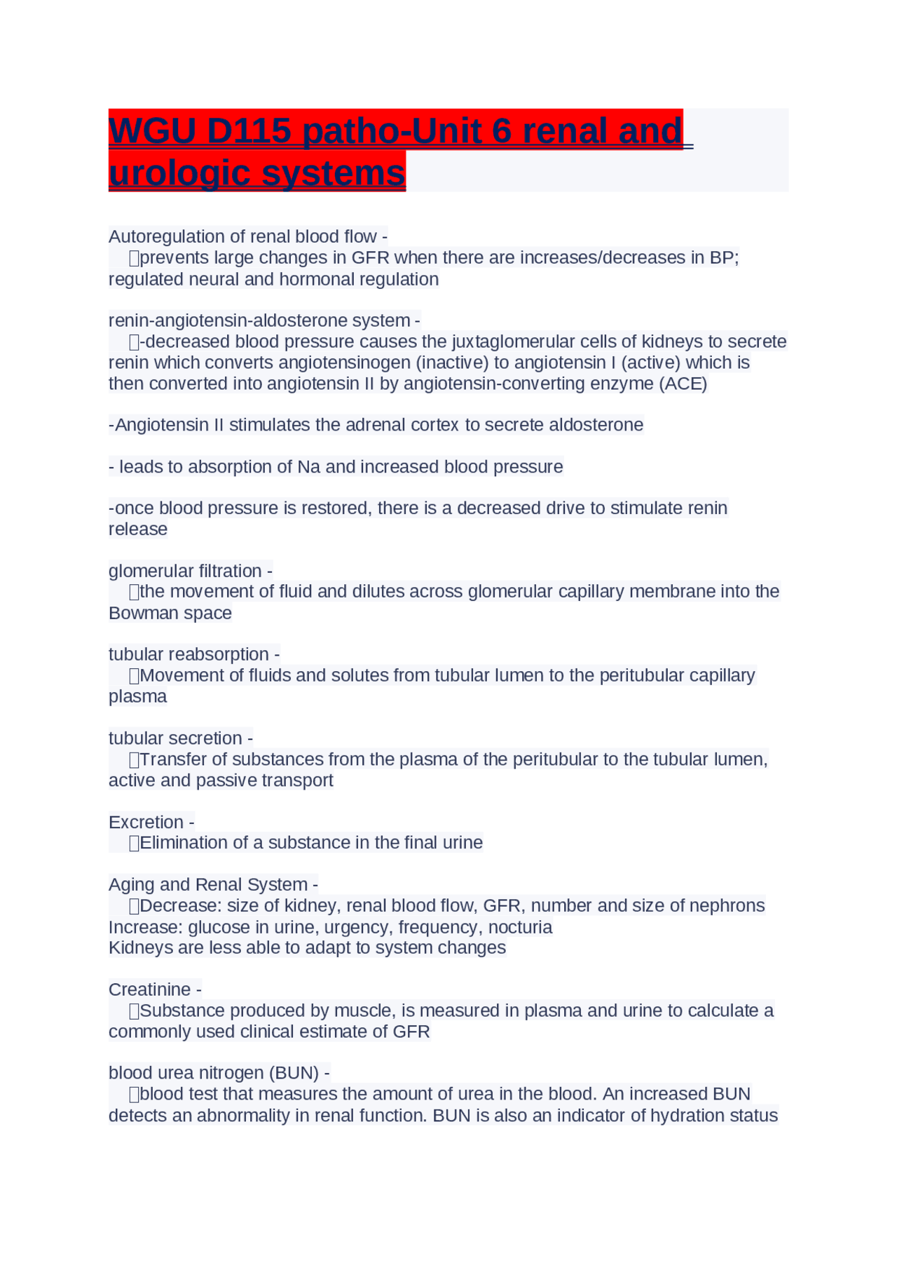 WGU D115 patho-Unit 6 renal and urologic systems | Exams Nursing | Docsity