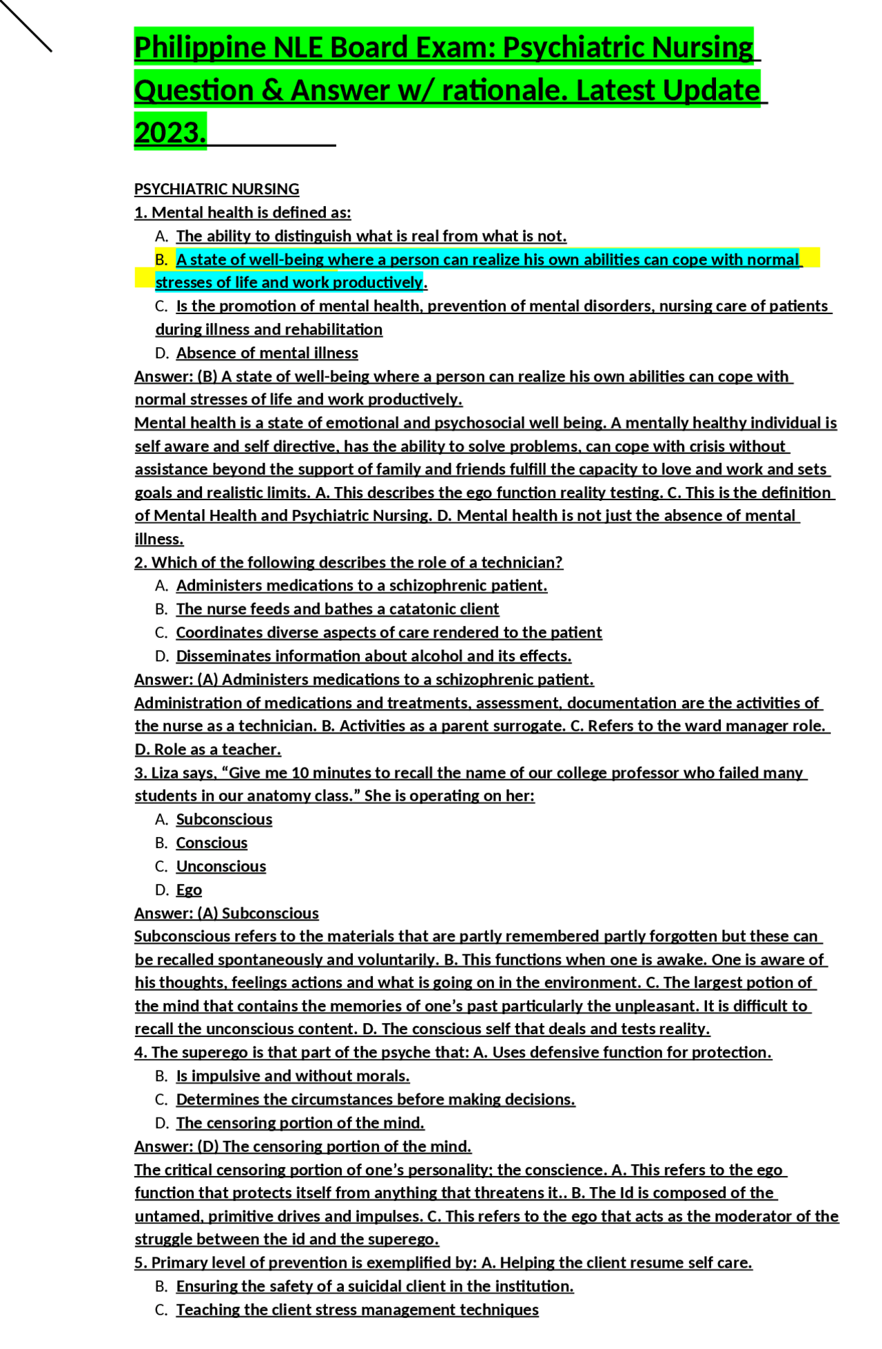 Philippine NLE Board Exam: Psychiatric Nursing Question & Answer w ...