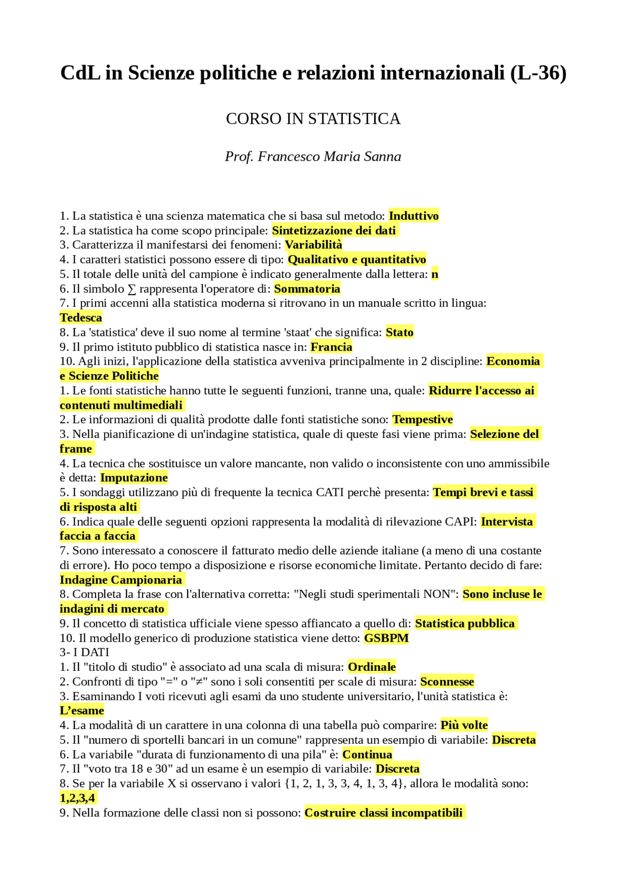 Corso In Statistica L 36 Prove Desame Di Statistica Docsity