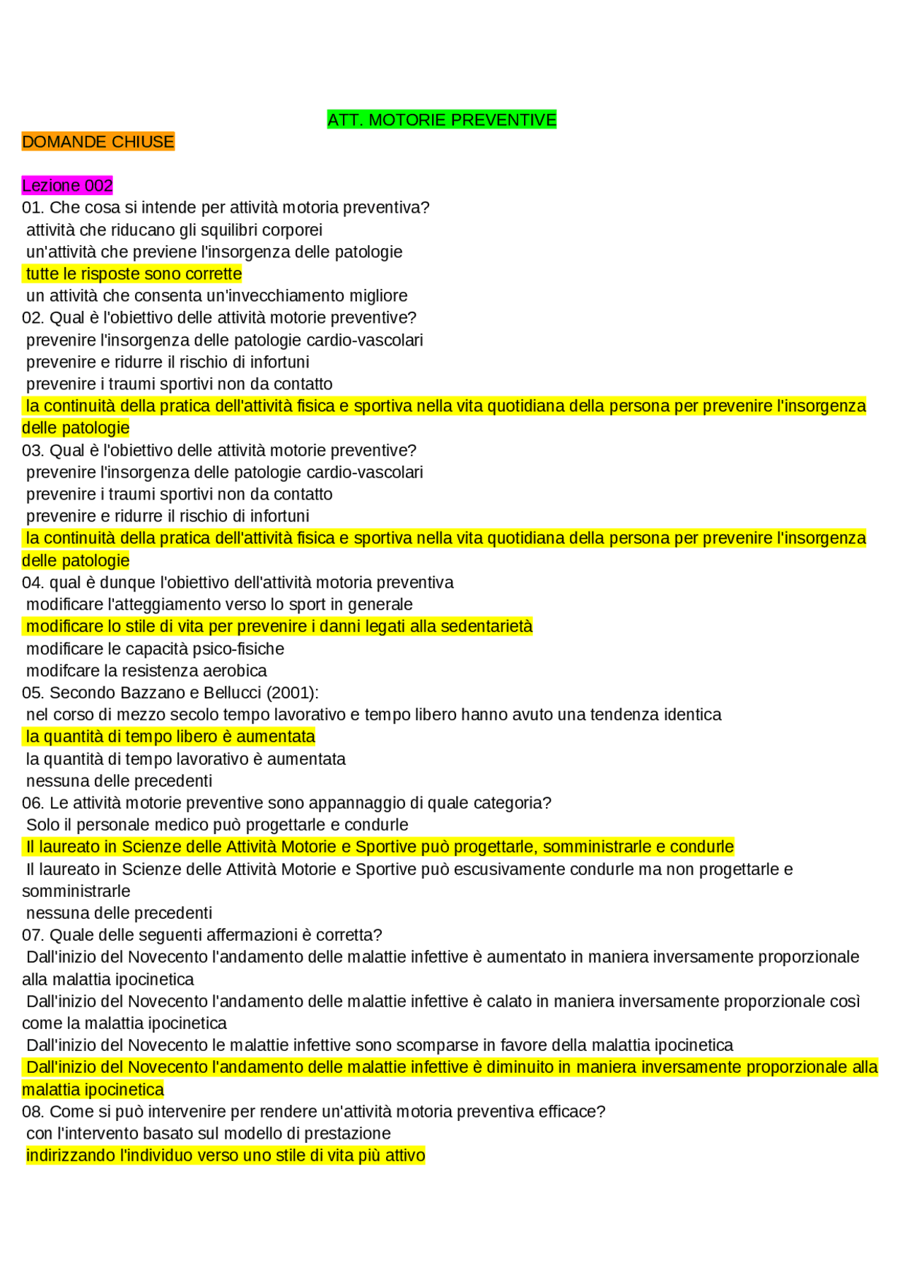 Attivita Motorie Preventive E Adattate Domande Chiuse Prof Valerio