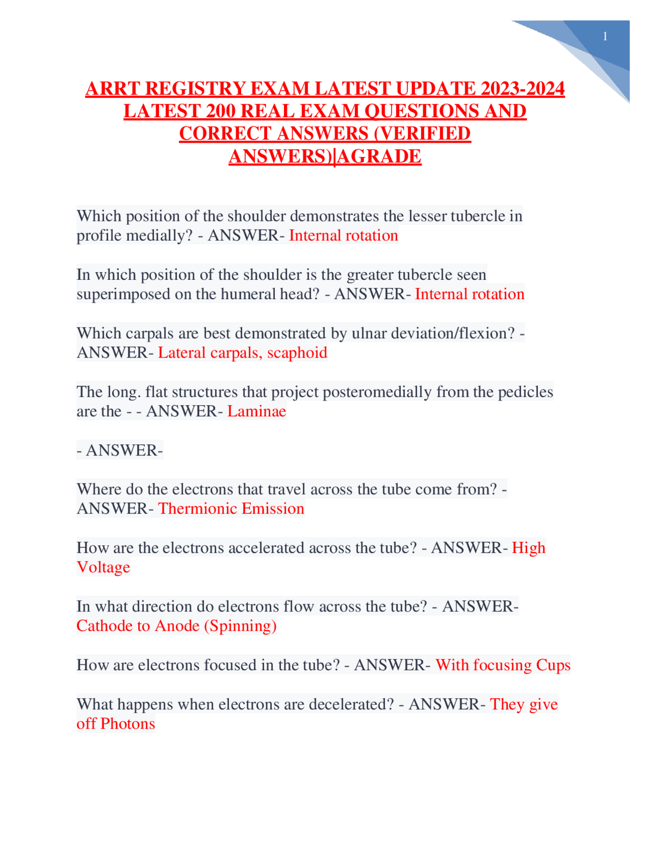 ARRT REGISTRY EXAM LATEST UPDATE 2023-2024 LATEST 200 REAL EXAM ...