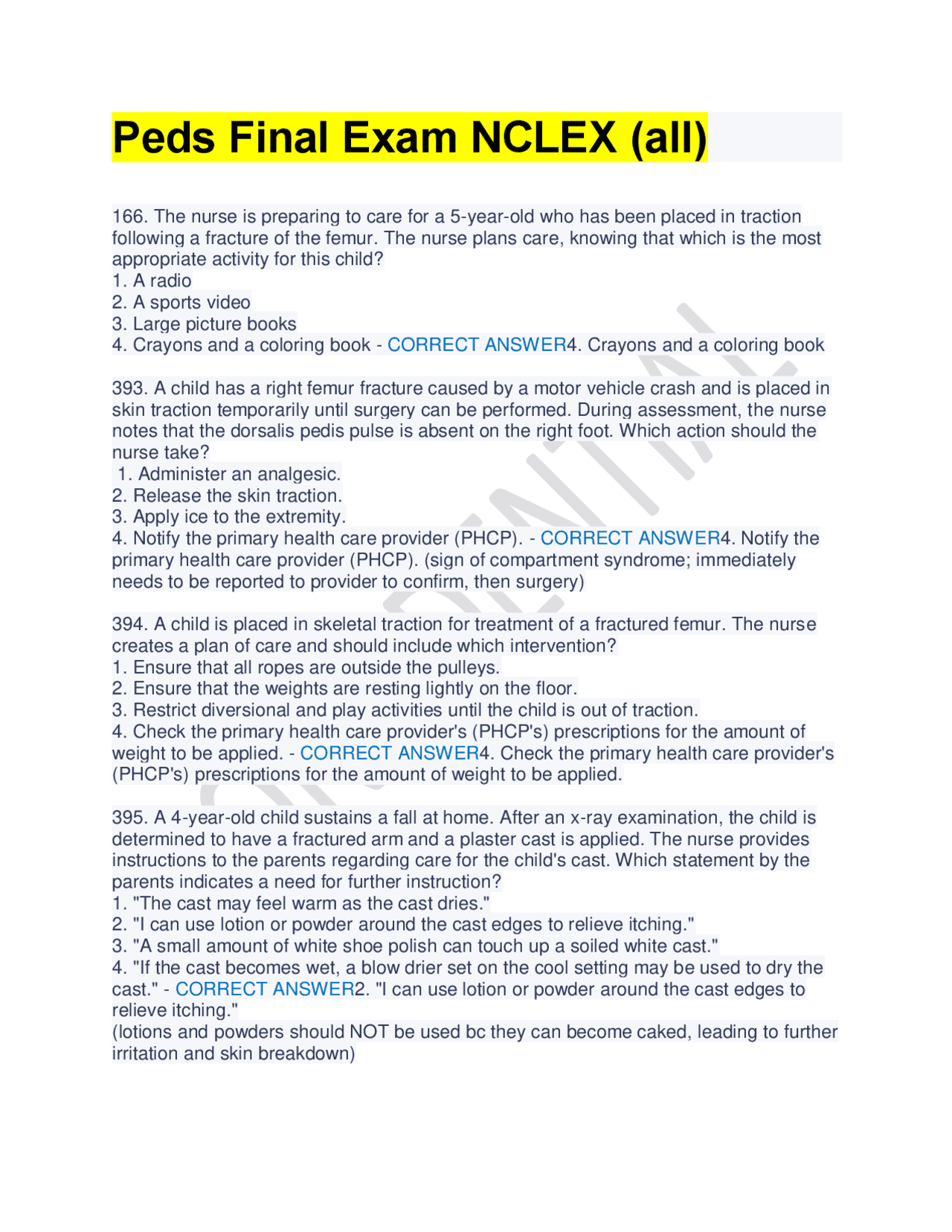 Peds Final Exam Nclex All Exams Nursing Docsity