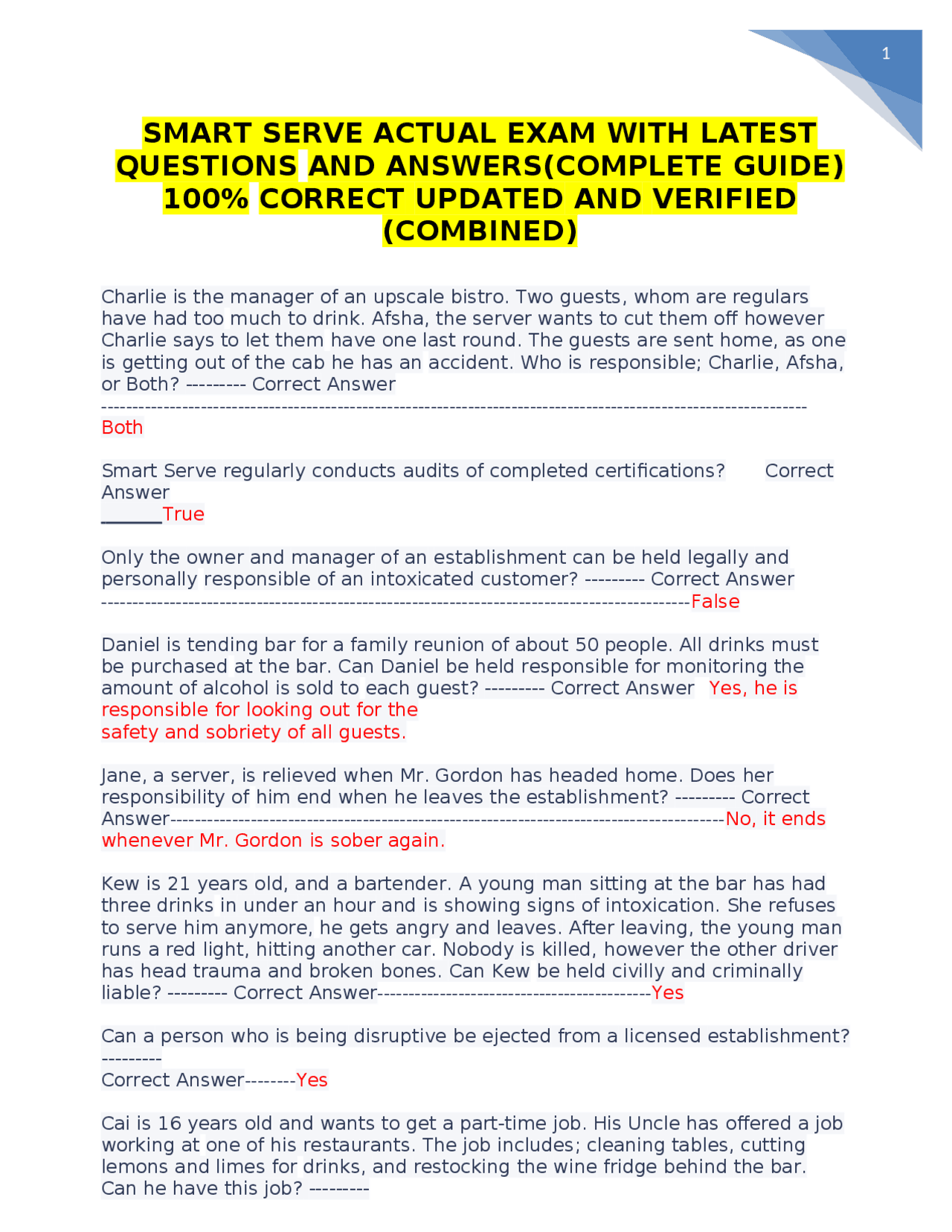 Smart Serve Actual Exam With Latest Questions And Answerscomplete 2023