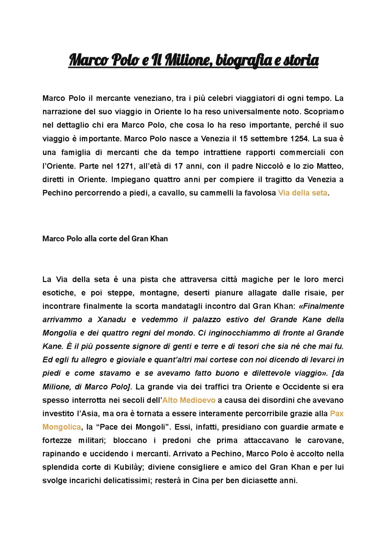 Marco Polo Sintesi Schemi E Mappe Concettuali Di Storia Docsity