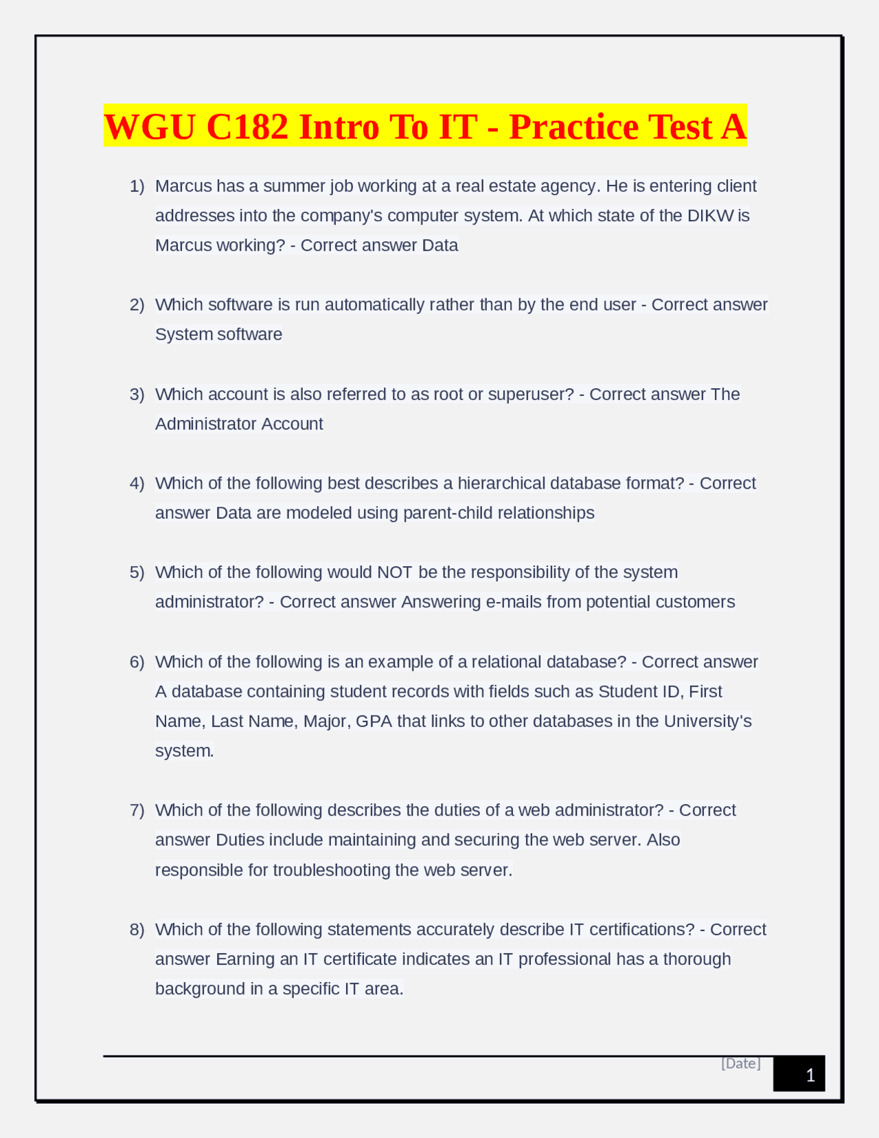 WGU C182 Intro To IT - Practice Test A | Exams Introduction to ...