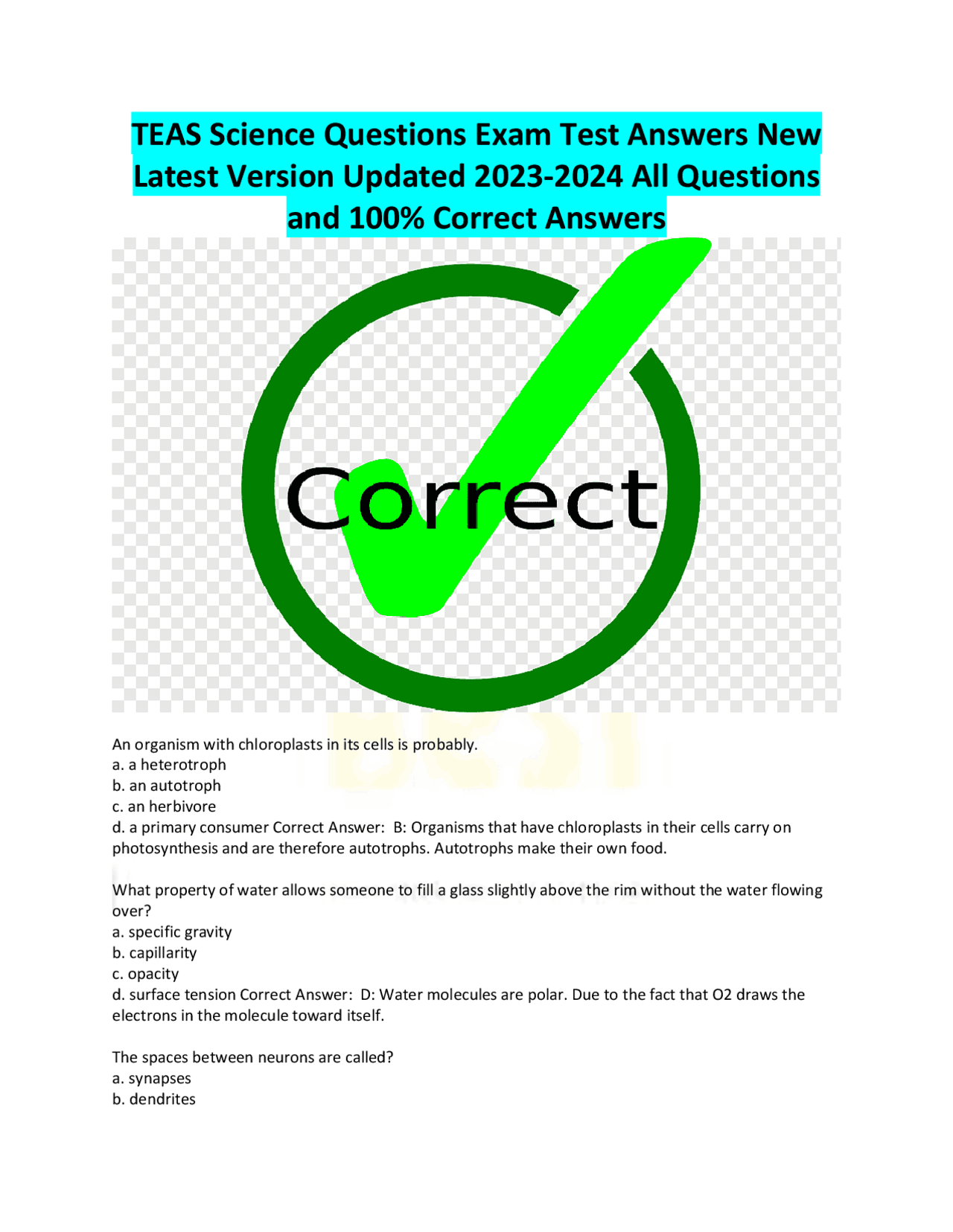 Teas Science Questions Exam Test Answers New Latest Version Updated