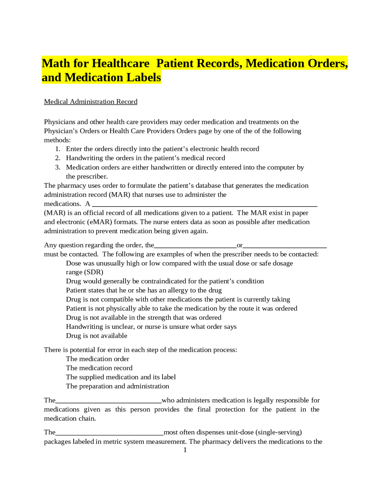 Math for Healthcare Patient Records, Medication Orders, and Medication ...