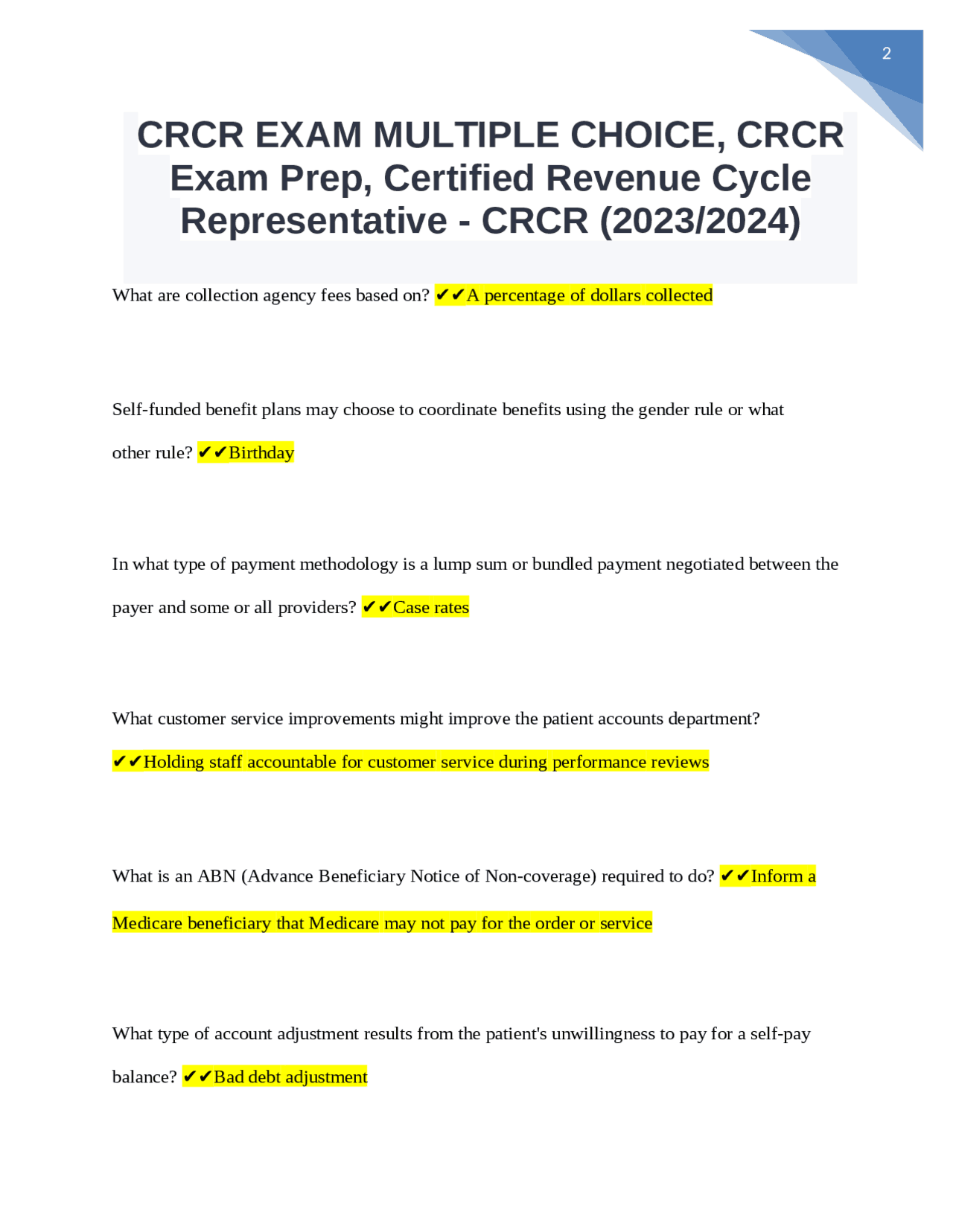 CRCR EXAM MULTIPLE CHOICE, CRCR Exam Prep, Certified Revenue Cycle ...