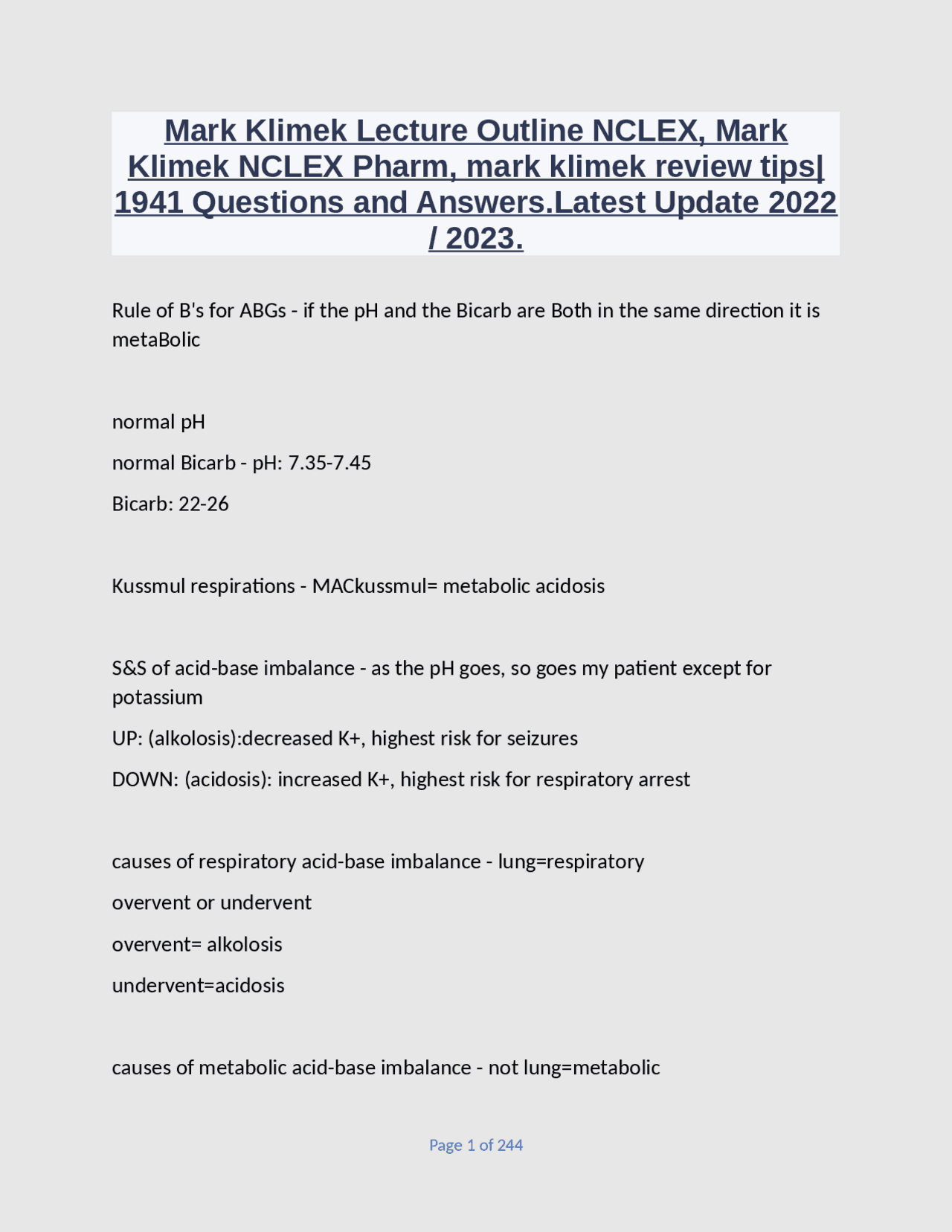 Mark Klimek Lecture Outline NCLEX, Mark Klimek NCLEX Pharm, mark klimek ...