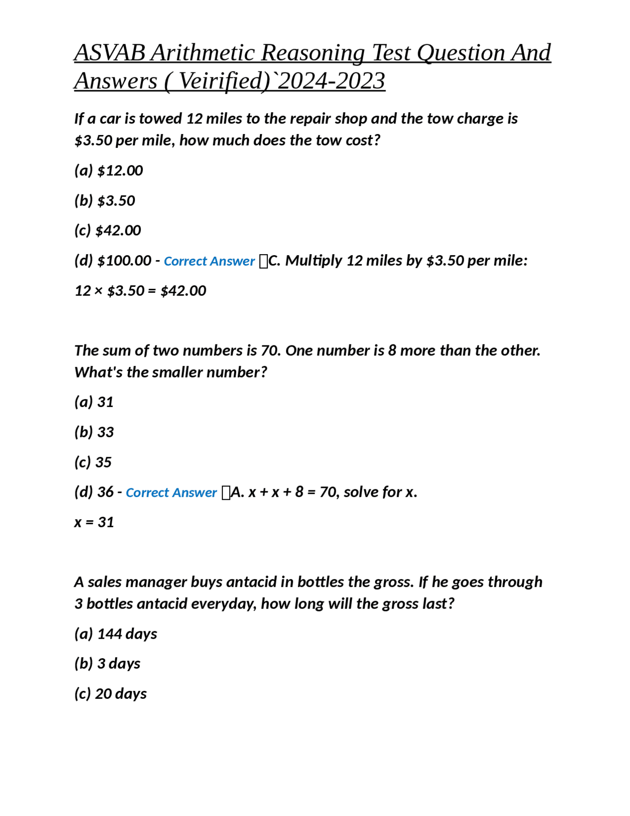 Asvab Arithmetic Reasoning Test Question And Answers Veirified`2024