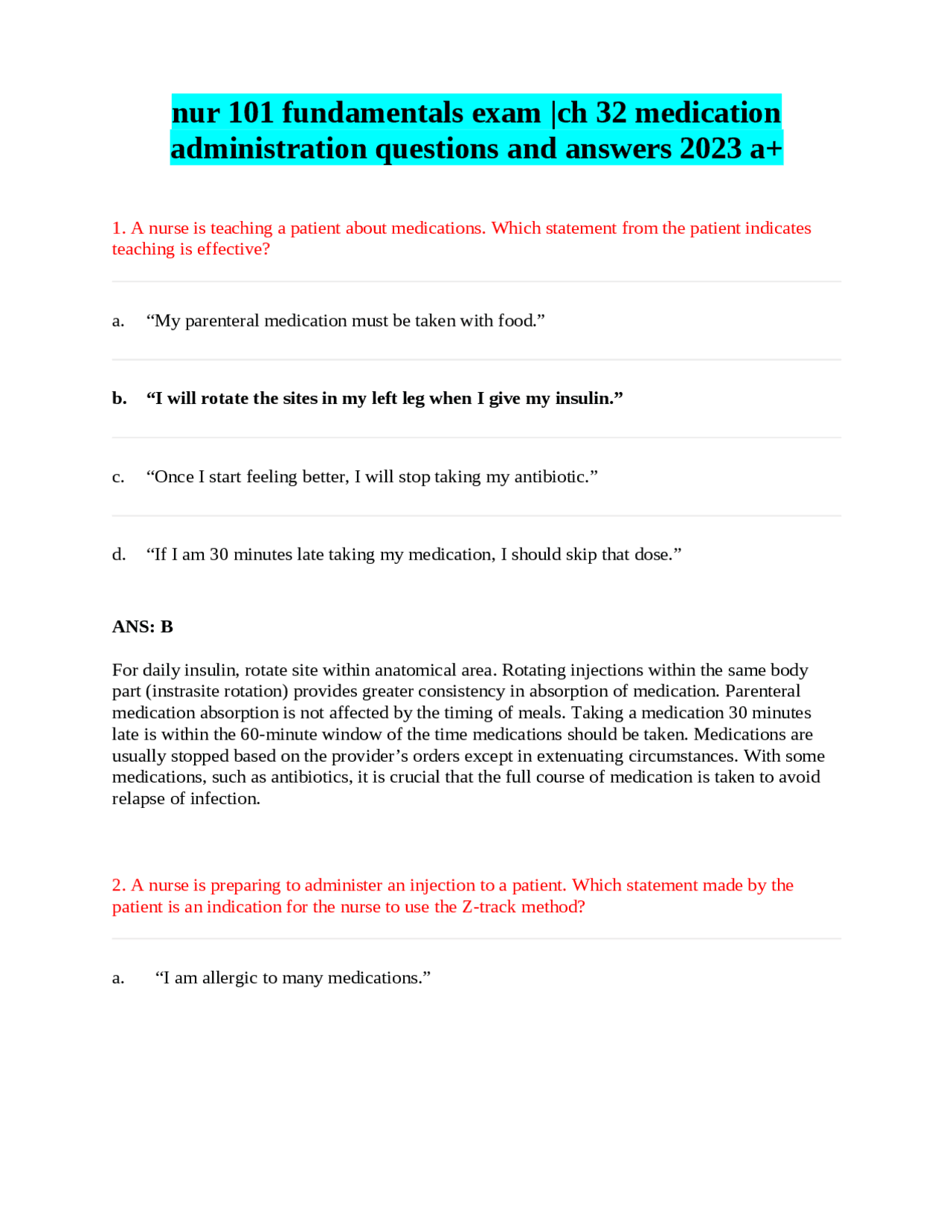 NUR 101 Fundamentals Exam: Medication Administration Questions and ...