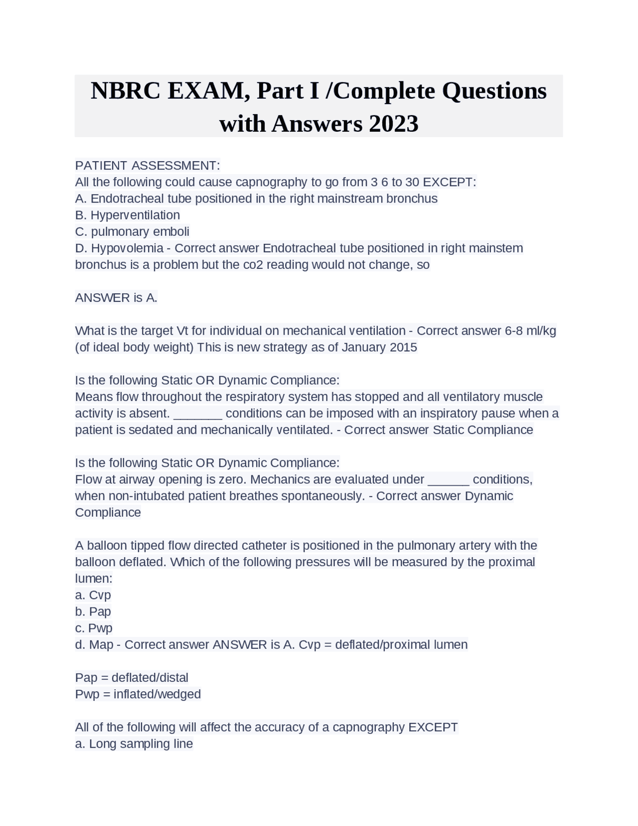 NBRC Exam Part I: Patient Assessment and Monitoring Questions with ...