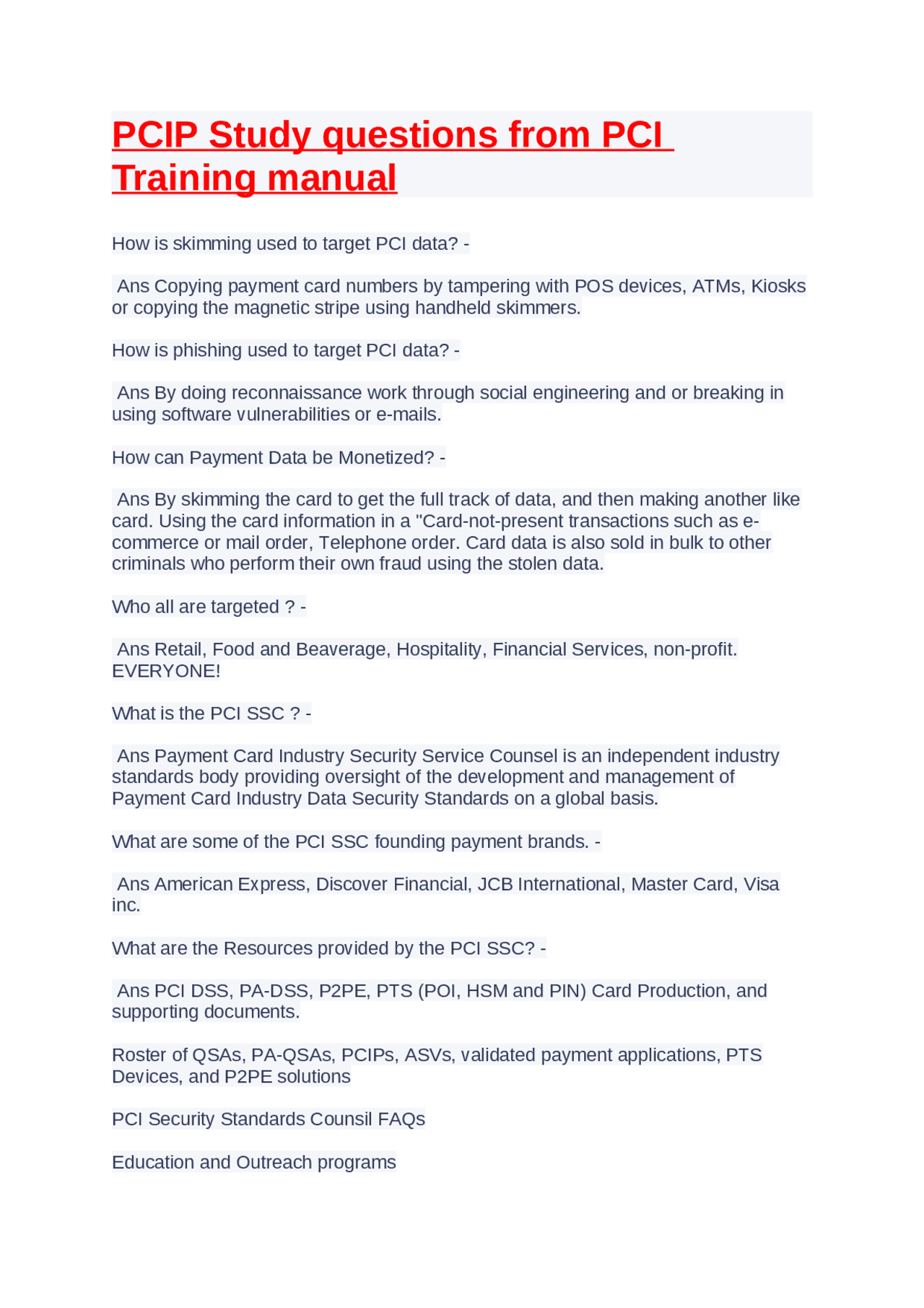 PCI Training Manual Study Questions | Exams Nursing | Docsity