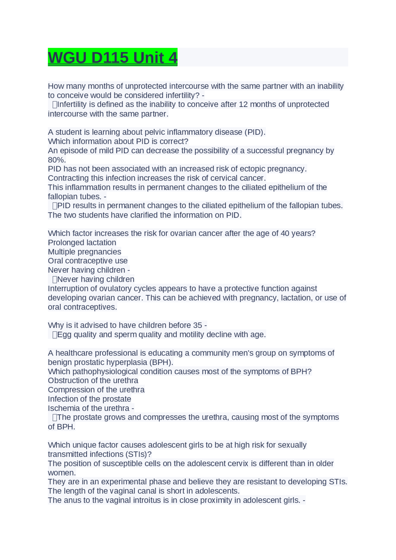 WGU D115 Unit 4 with Answers | Exams Nursing | Docsity