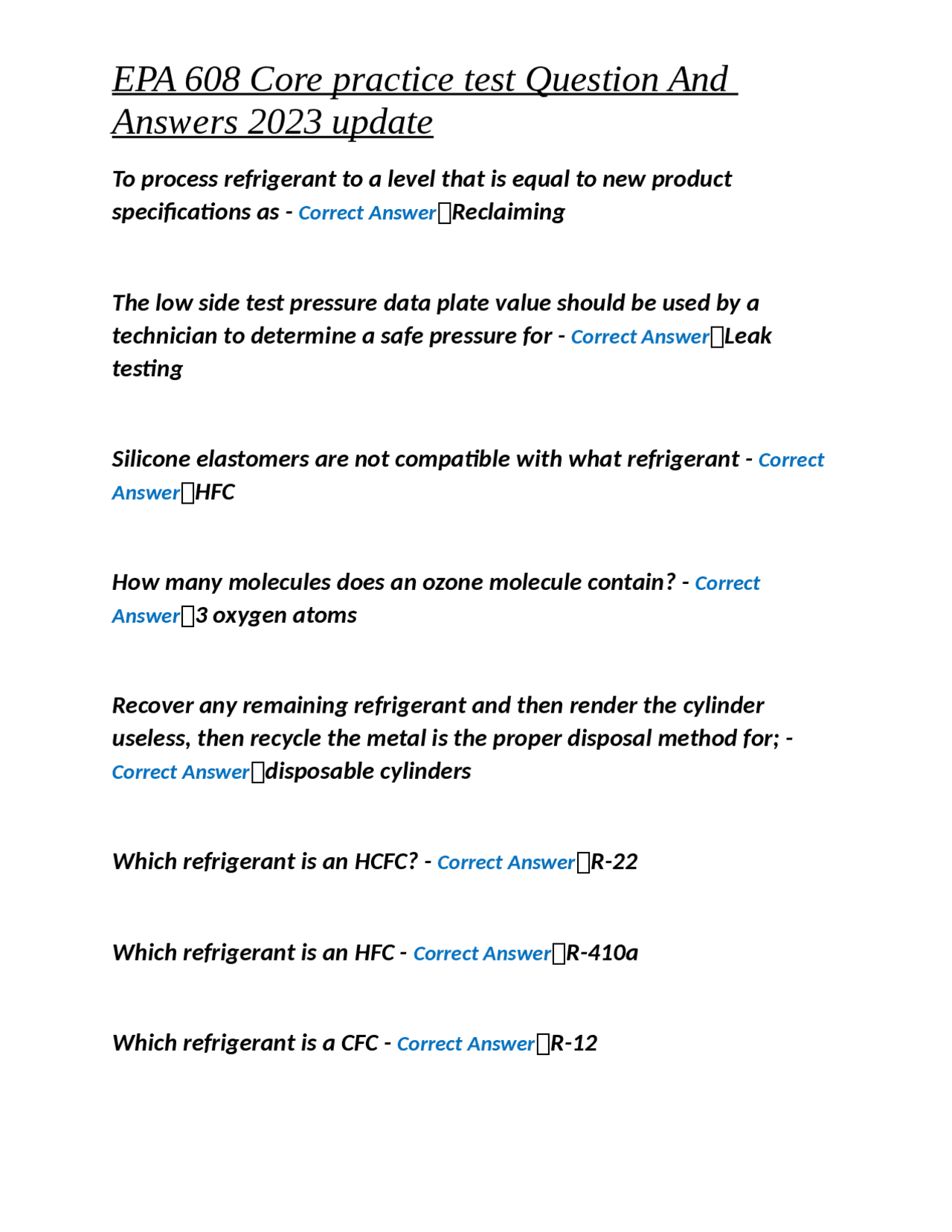 EPA 608 Core practice test Question And Answers 2023 update | Exams ...