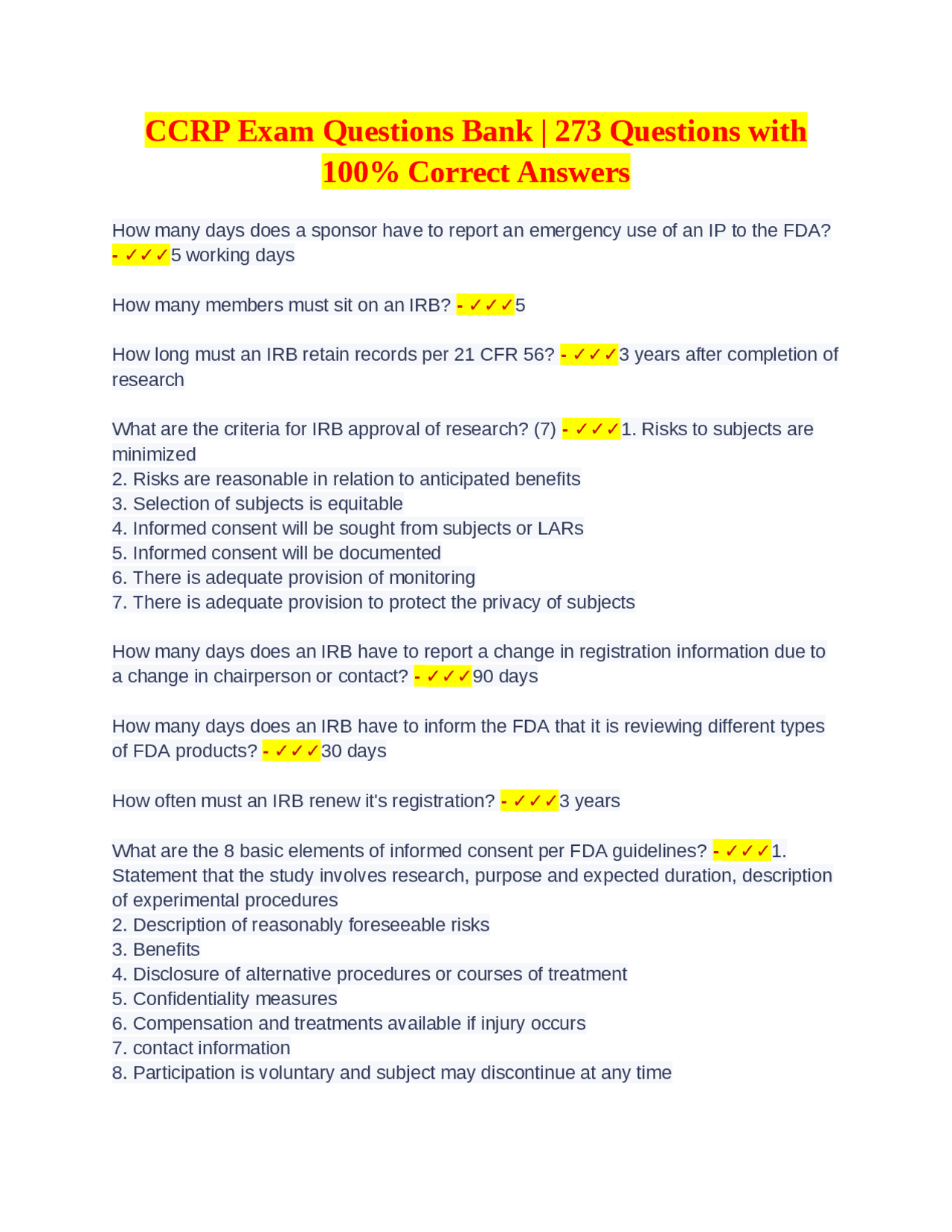 CCRP Exam Questions Bank | 273 Questions with 100% Correct Answers ...