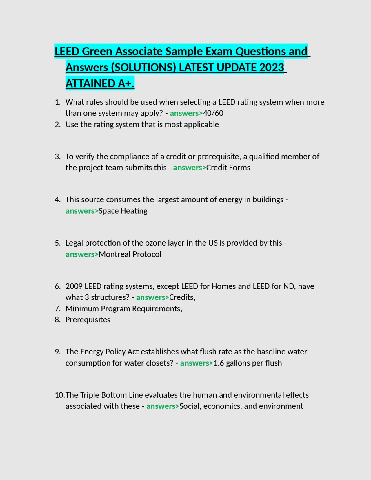 LEED Green Associate Sample Exam Questions and Answers | Exams Nursing ...