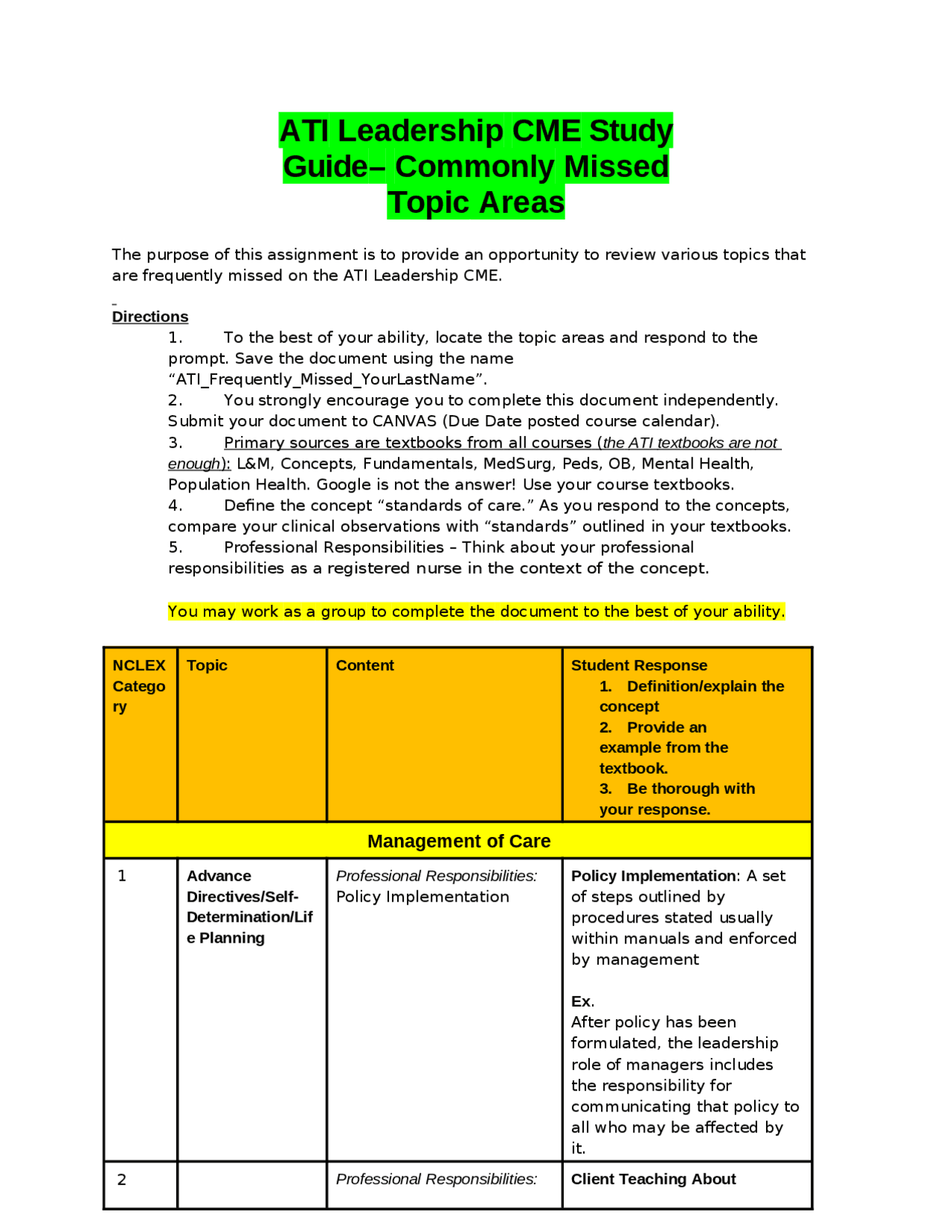ATI Leadership CME Study Guide– Commonly Missed Topic Areas | Study ...
