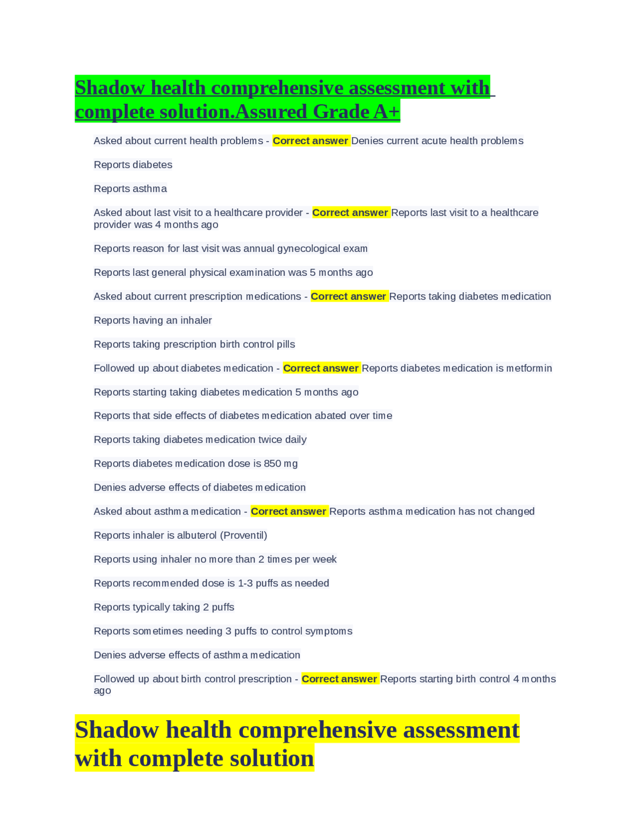 Shadow Health Comprehensive Assessment | Exams Nursing | Docsity