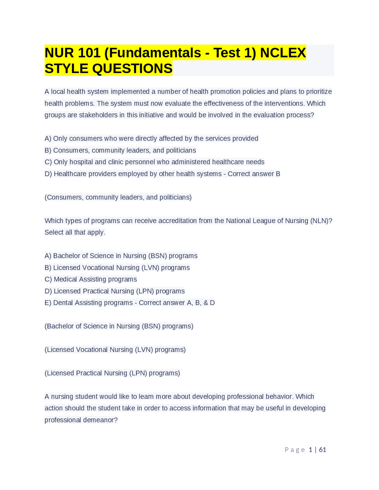 NUR 101 (Fundamentals - Test 1) NCLEX STYLE QUESTIONS | Exams Nursing ...