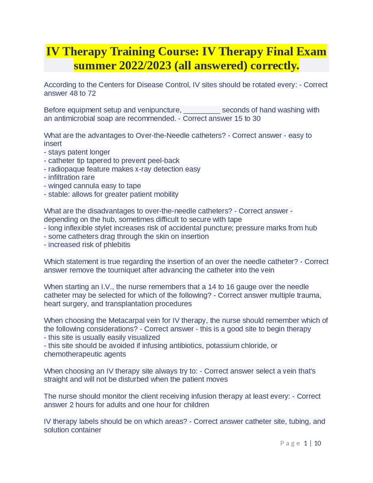 IV Therapy Training Course: IV Therapy Final Exam summer 2022/2023 (all ...