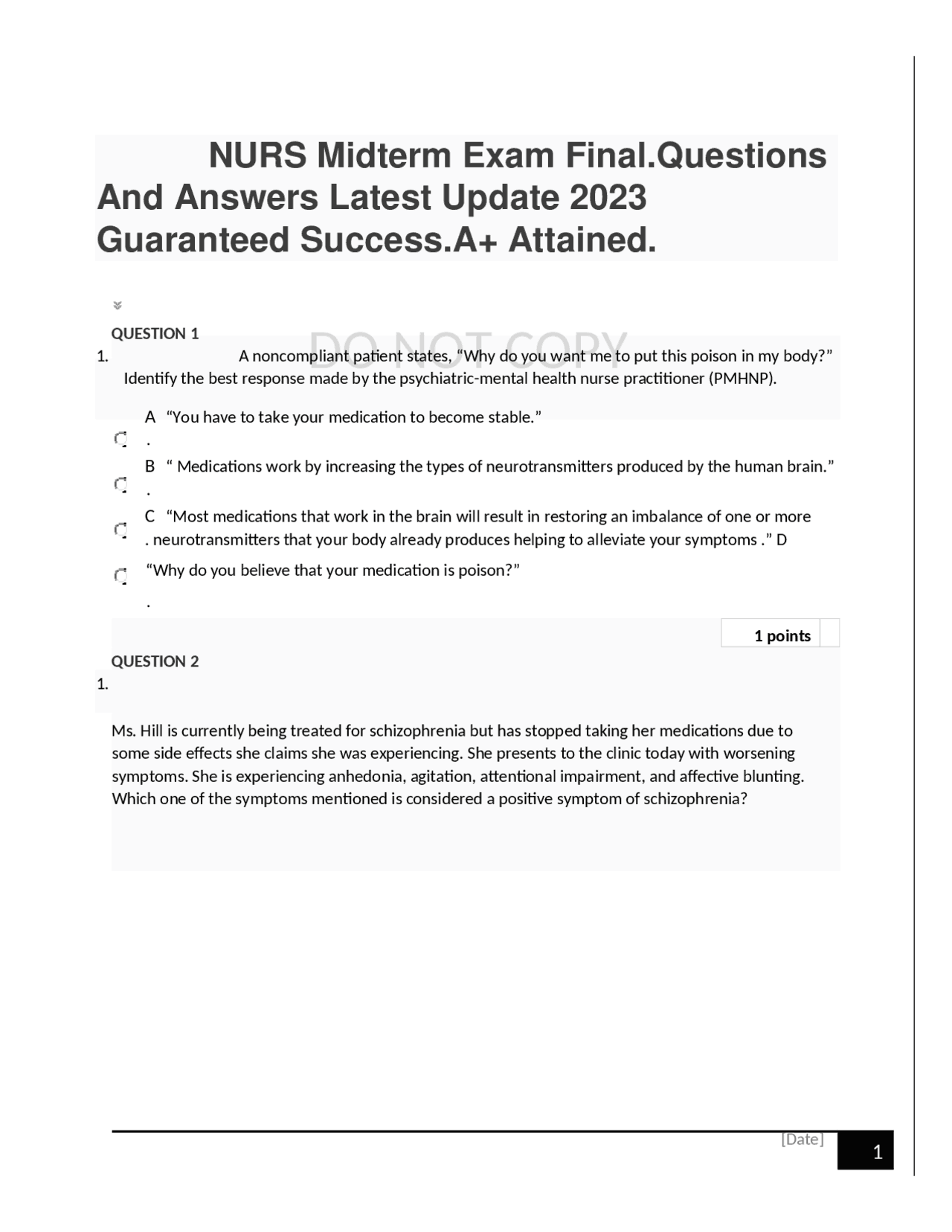 NURS Midterm Exam Final.Questions And Answers Latest Update 2023 ...