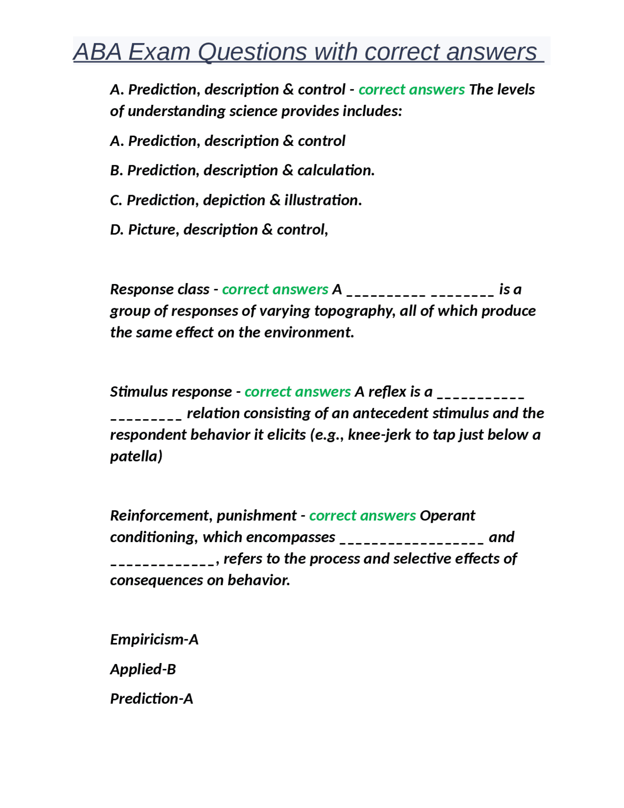 ABA Exam Questions with correct answers | Exams Nursing | Docsity