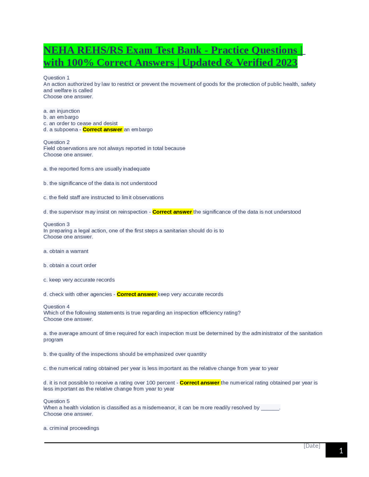 NEHA REHS/RS Exam Test Bank - Practice Questions | with 100% Correct ...