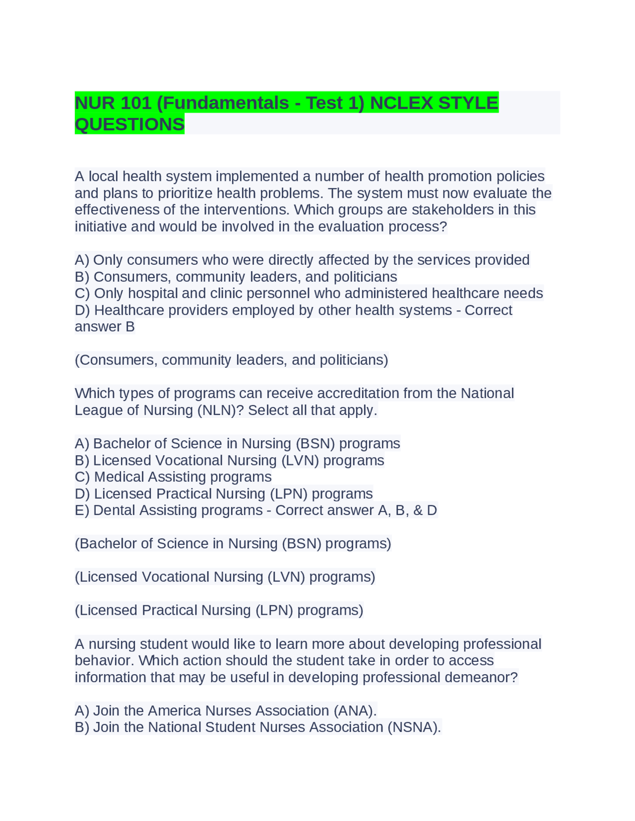 NUR 101 (Fundamentals - Test 1) NCLEX STYLE QUESTIONS | Exams Nursing ...