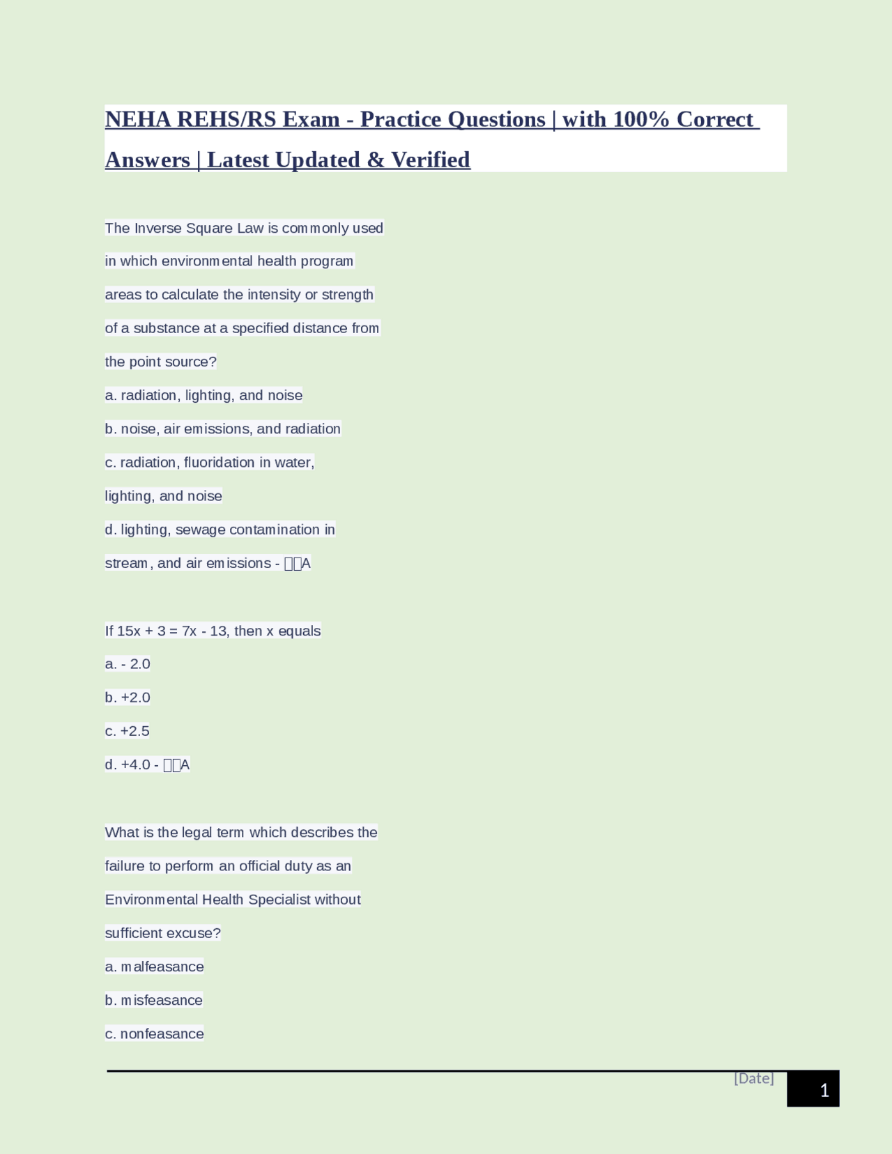 NEHA REHS/RS Exam - Practice Questions | with 100% Correct Answers ...
