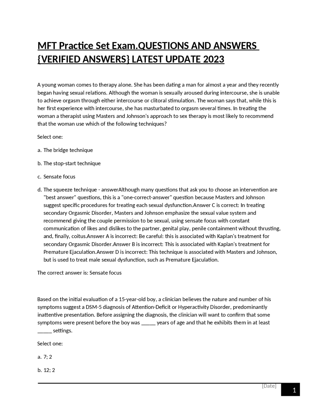 MFT Practice Set Exam.QUESTIONS AND ANSWERS {VERIFIED ANSWERS} LATEST ...