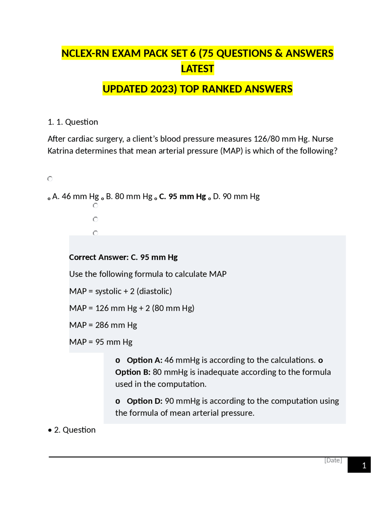 NCLEX-RN EXAM PACK SET 6 (75 QUESTIONS & ANSWERS LATEST UPDATED 2023 ...