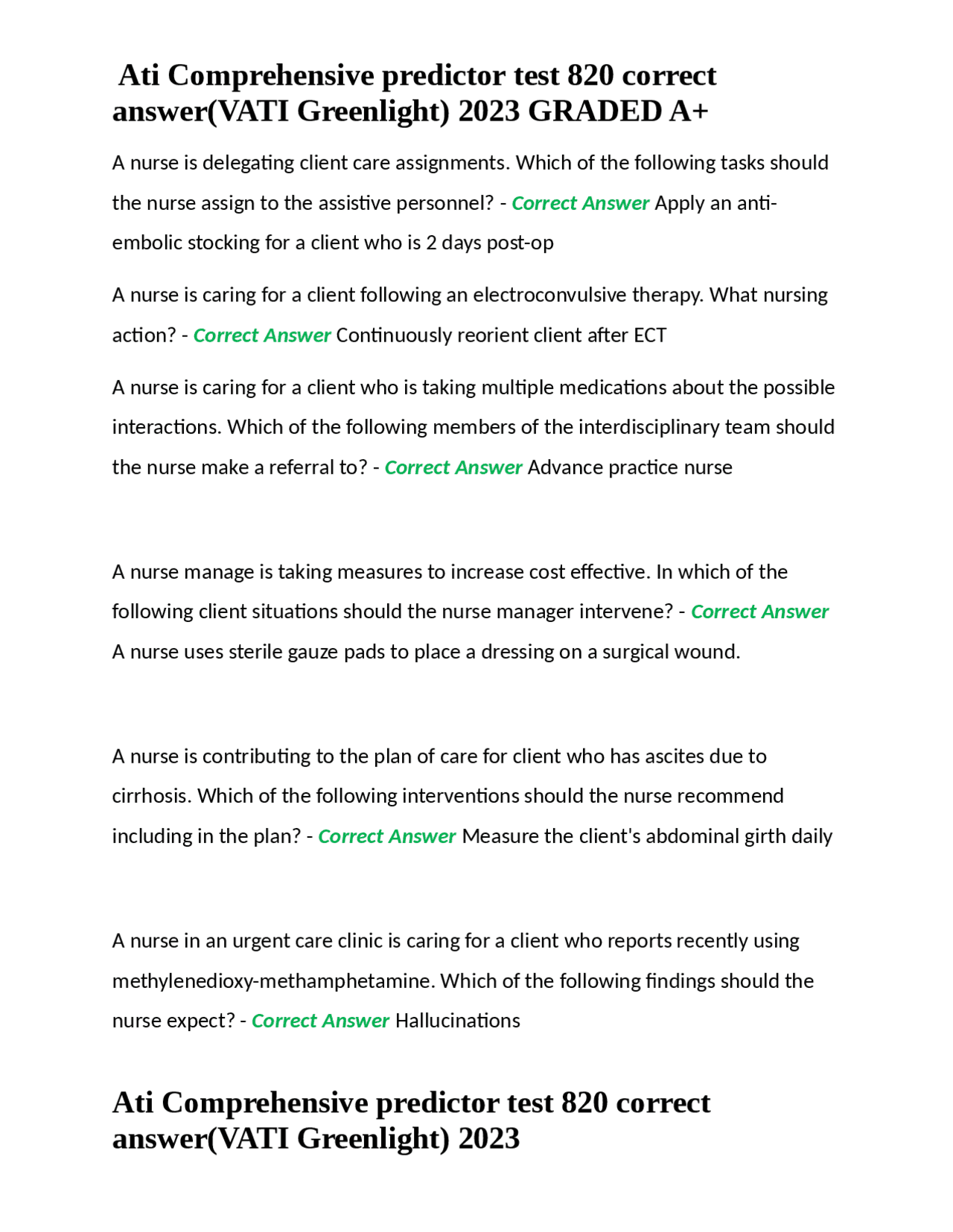 Ati Comprehensive predictor test 820 correct answer(VATI Greenlight ...