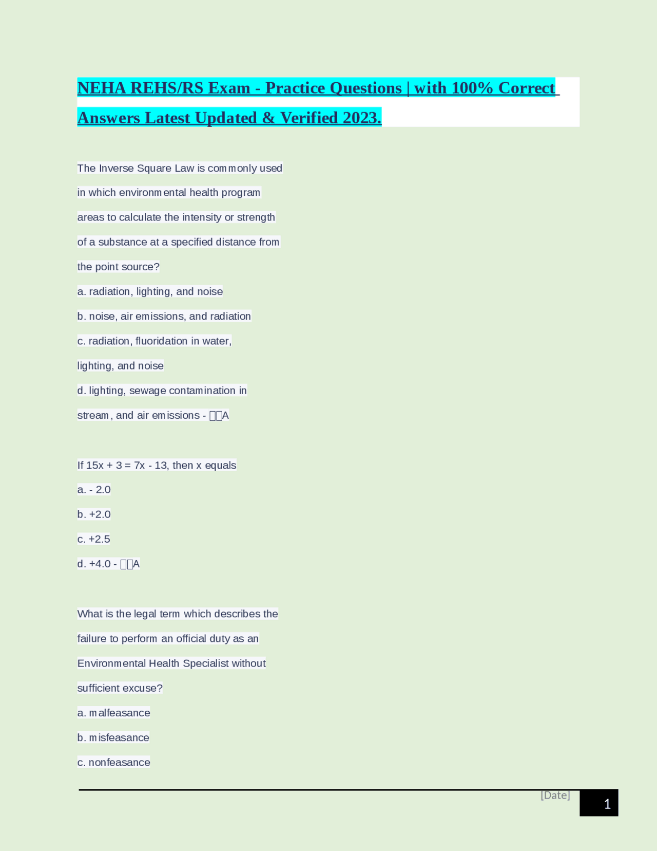 NEHA REHS/RS Exam - Practice Questions | with 100% Correct Answers ...
