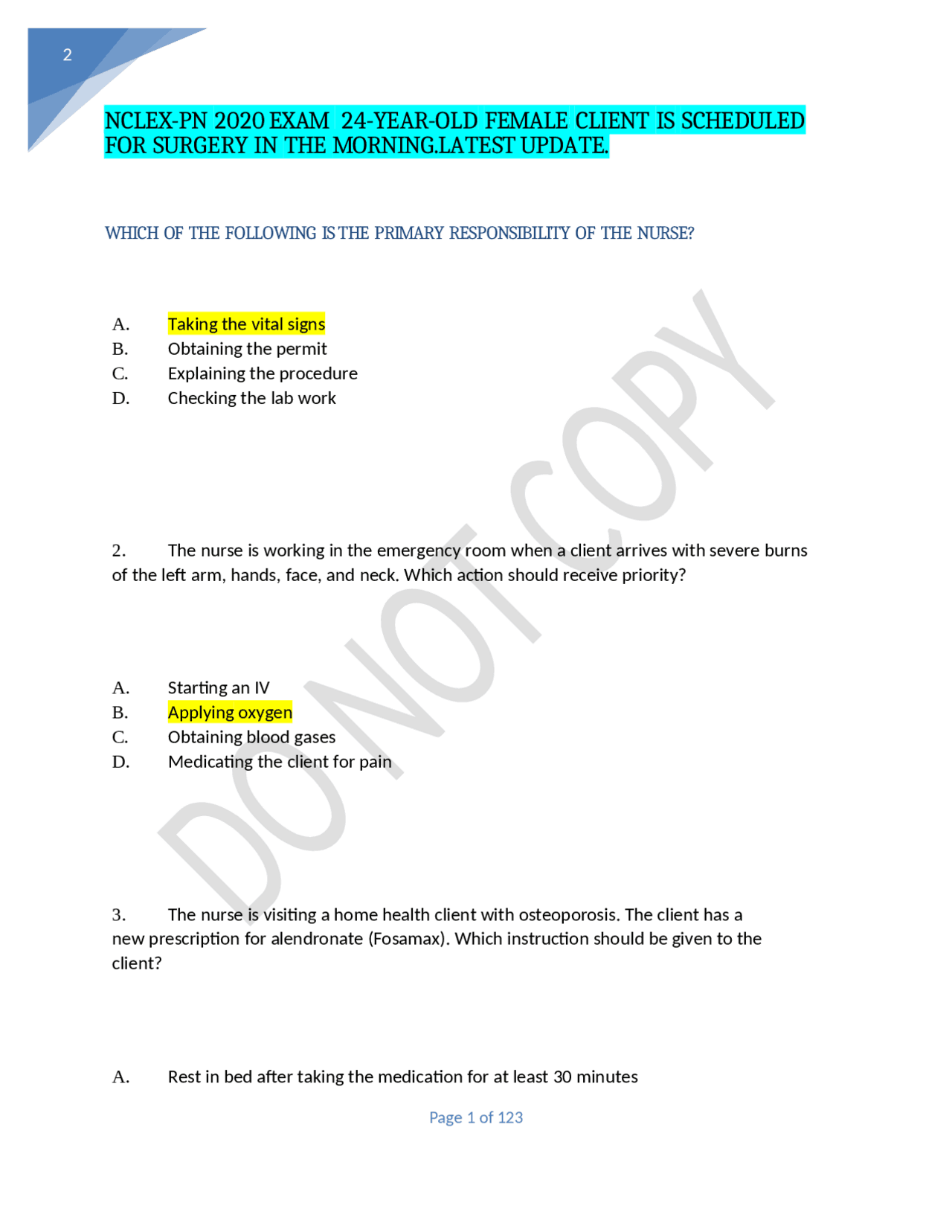 NCLEX-PN Exam Questions and Answers | Exams Nursing | Docsity