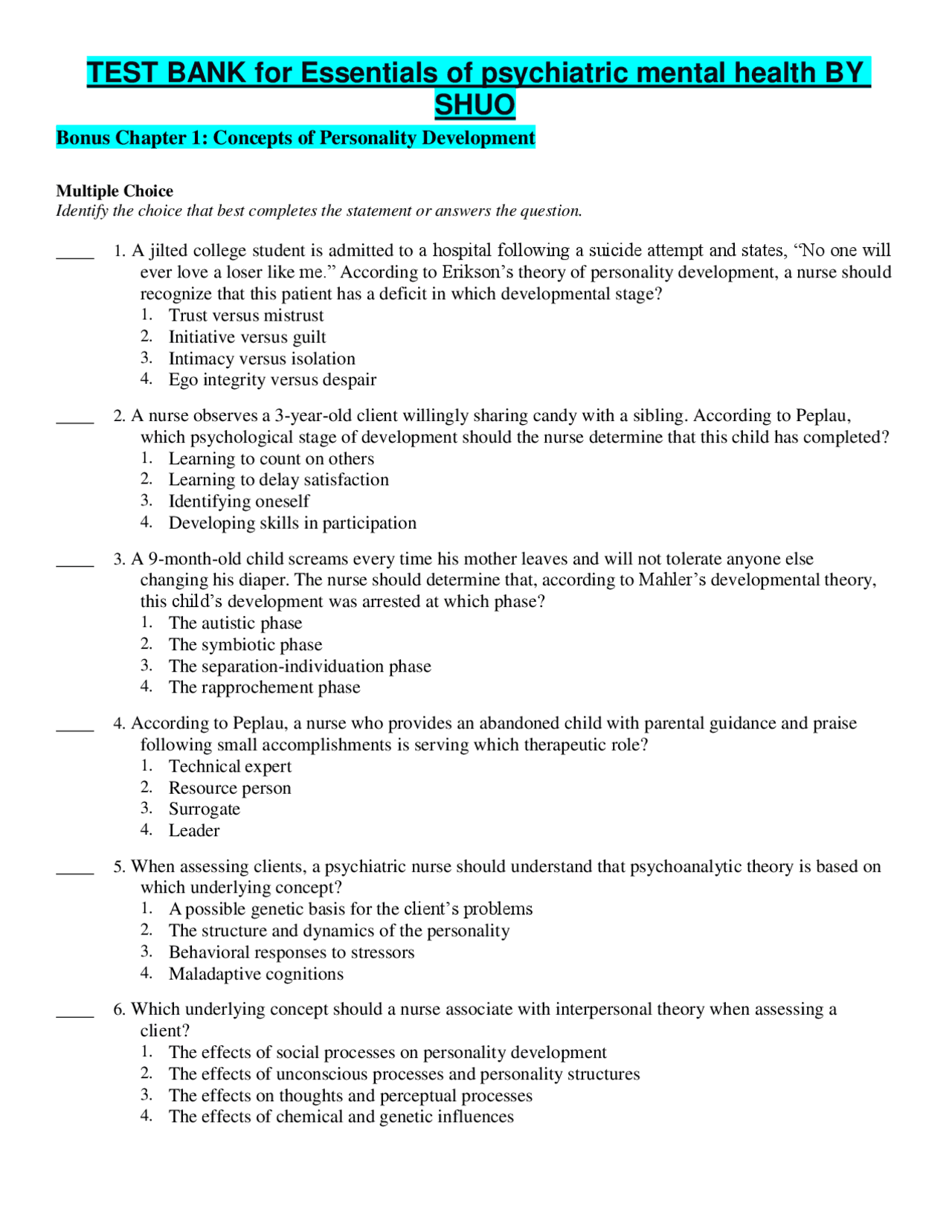 TEST BANK for Essentials of psychiatric mental health BY SHUO A+ ...