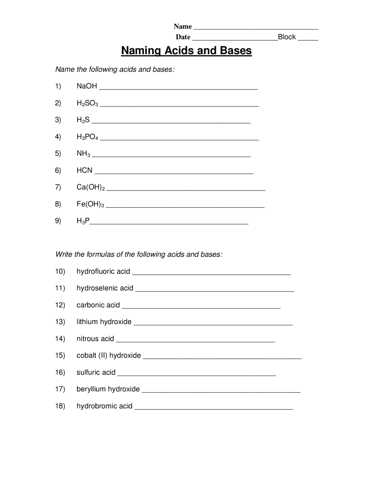 Naming Acids and Bases Exercise | Exams Chemistry | Docsity