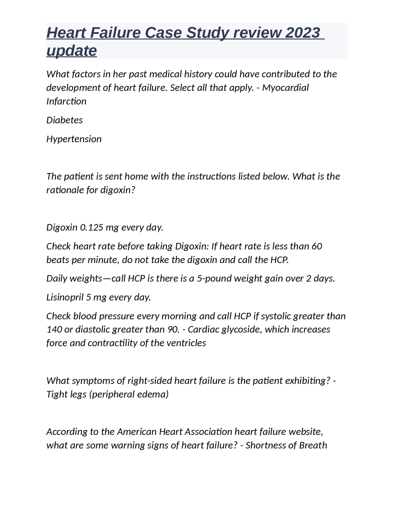 Heart Failure Case Study review 2023 update | Exams Nursing | Docsity