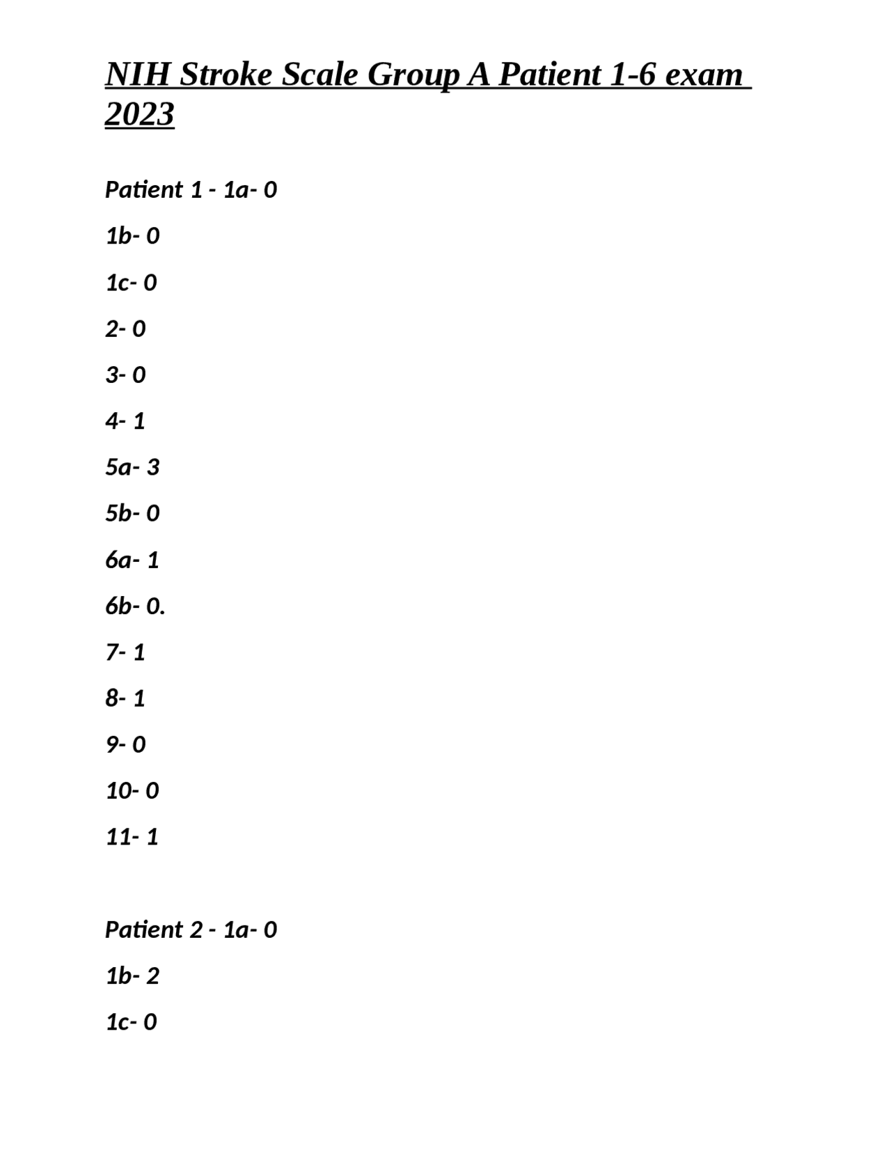 NIH Stroke Scale Group A Patient 1-6 exam 2023 | Exams Nursing | Docsity