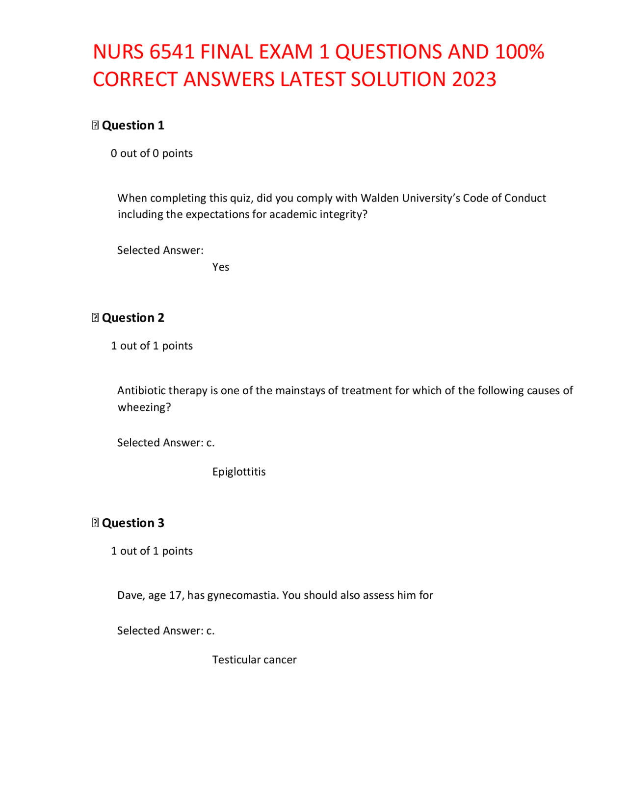 Nurs 6541 Final Exam 1 Questions And Answers Exams Nursing Docsity