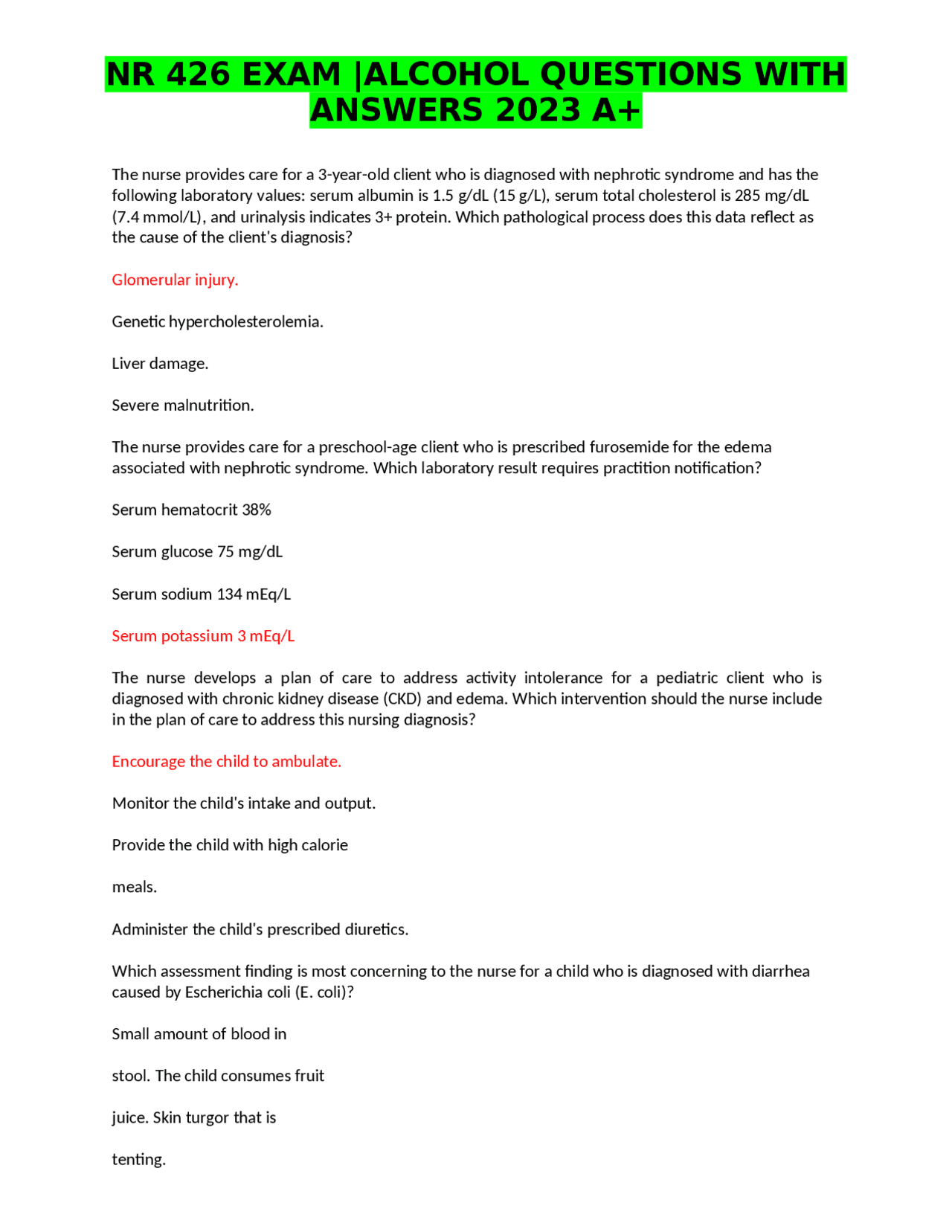 Pediatric Nephrology Exam Questions and Answers | Exams Nursing | Docsity