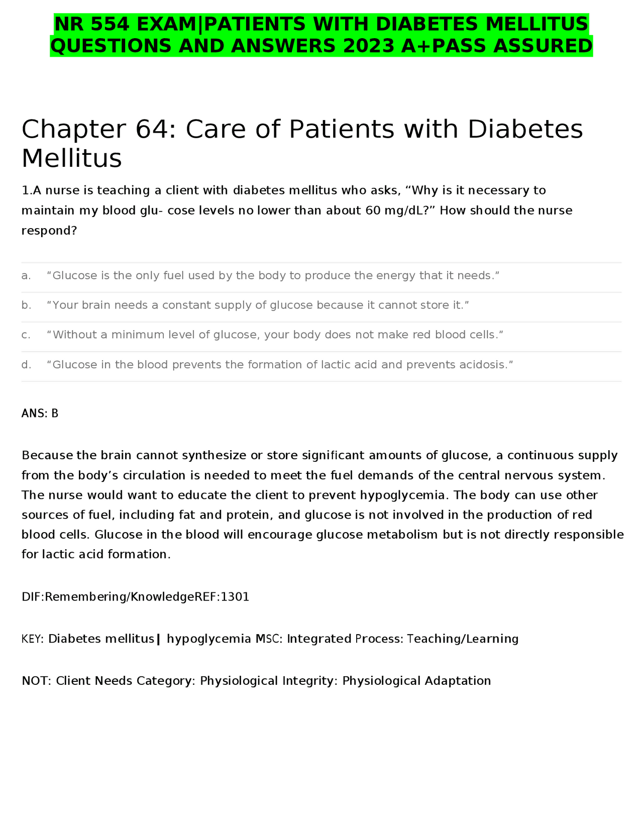 Nr 554 Exampatients With Diabetes Mellitus Questions And Answers 2023