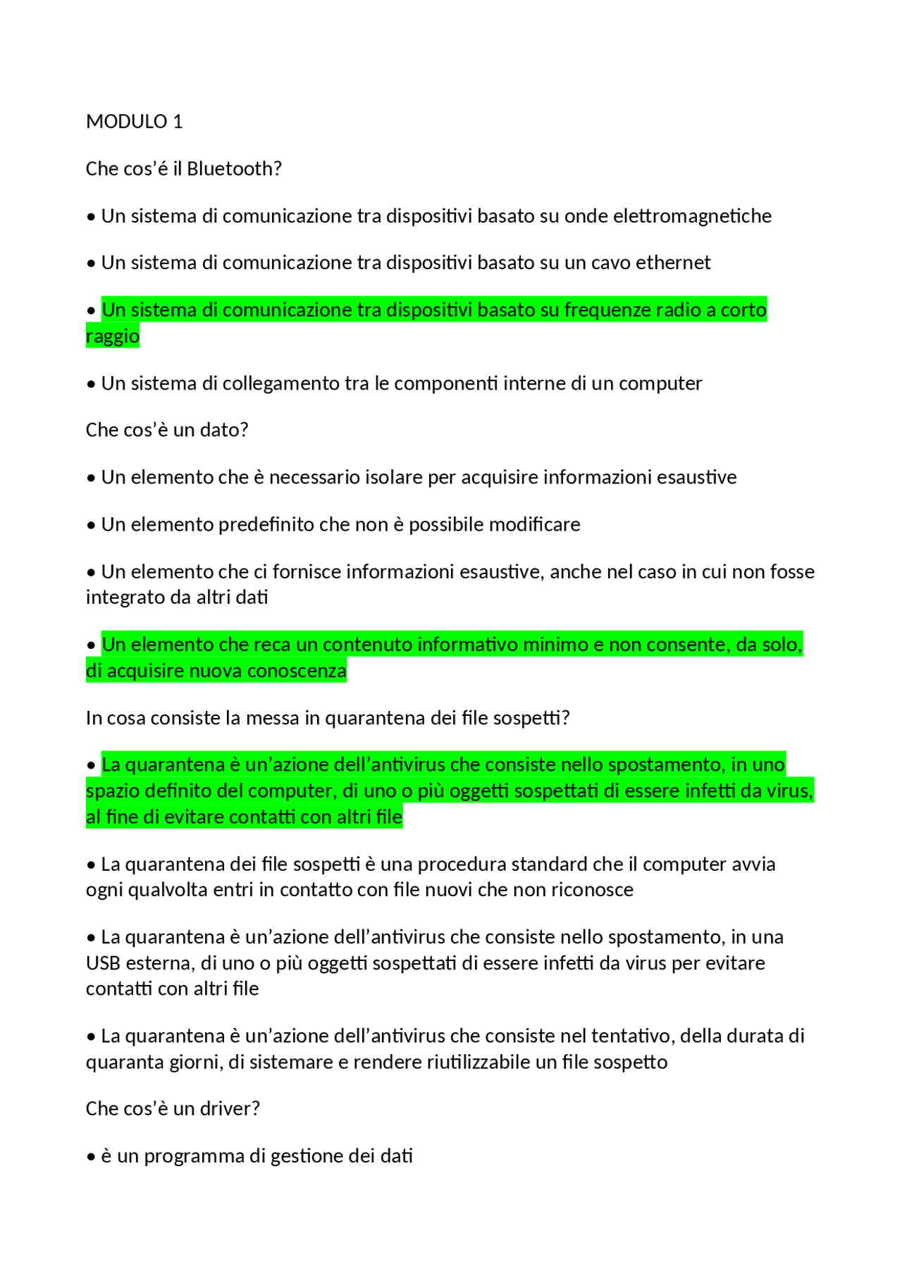 EIPASS 7 MODULI USER SOLUZIONI MODULO 1 | Prove d'esame di Informatica | Docsity