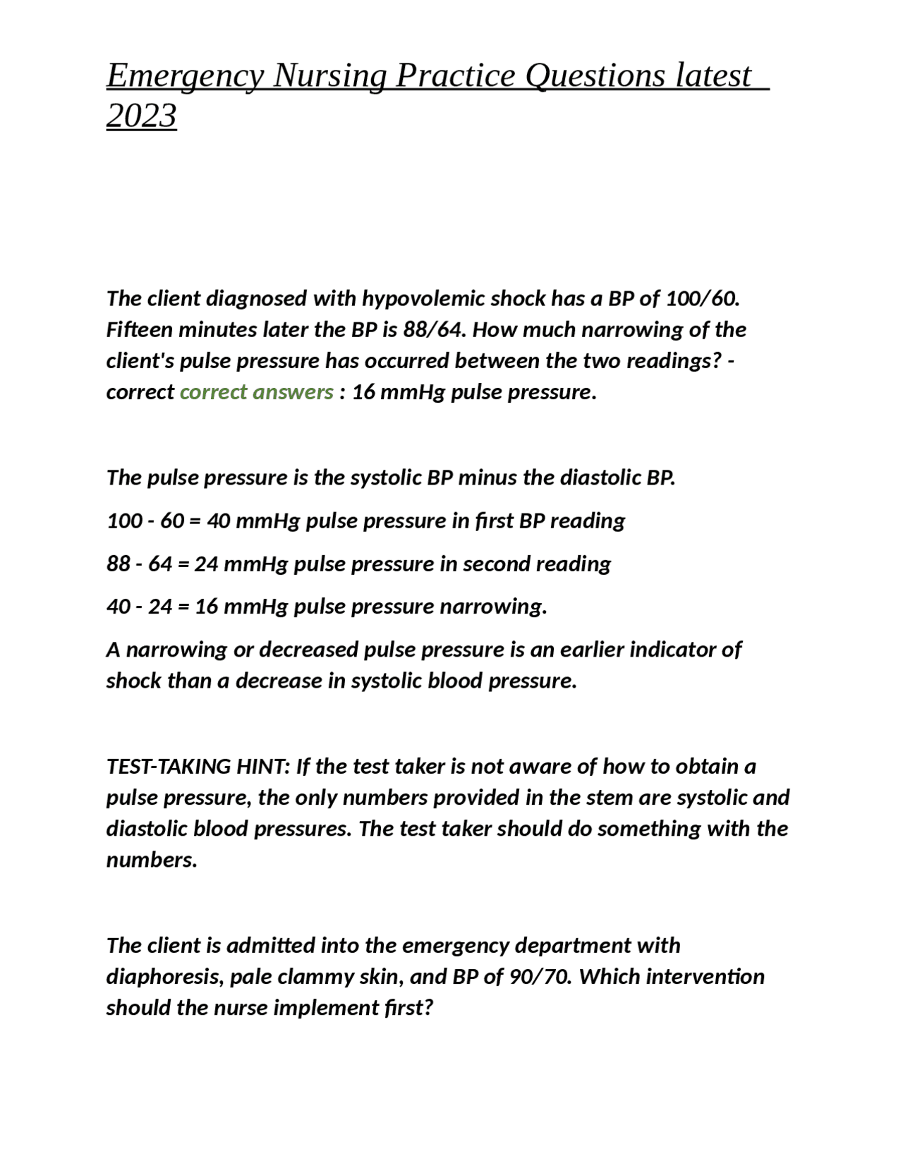 Emergency Nursing Practice Questions latest 2023 | Exams Nursing | Docsity