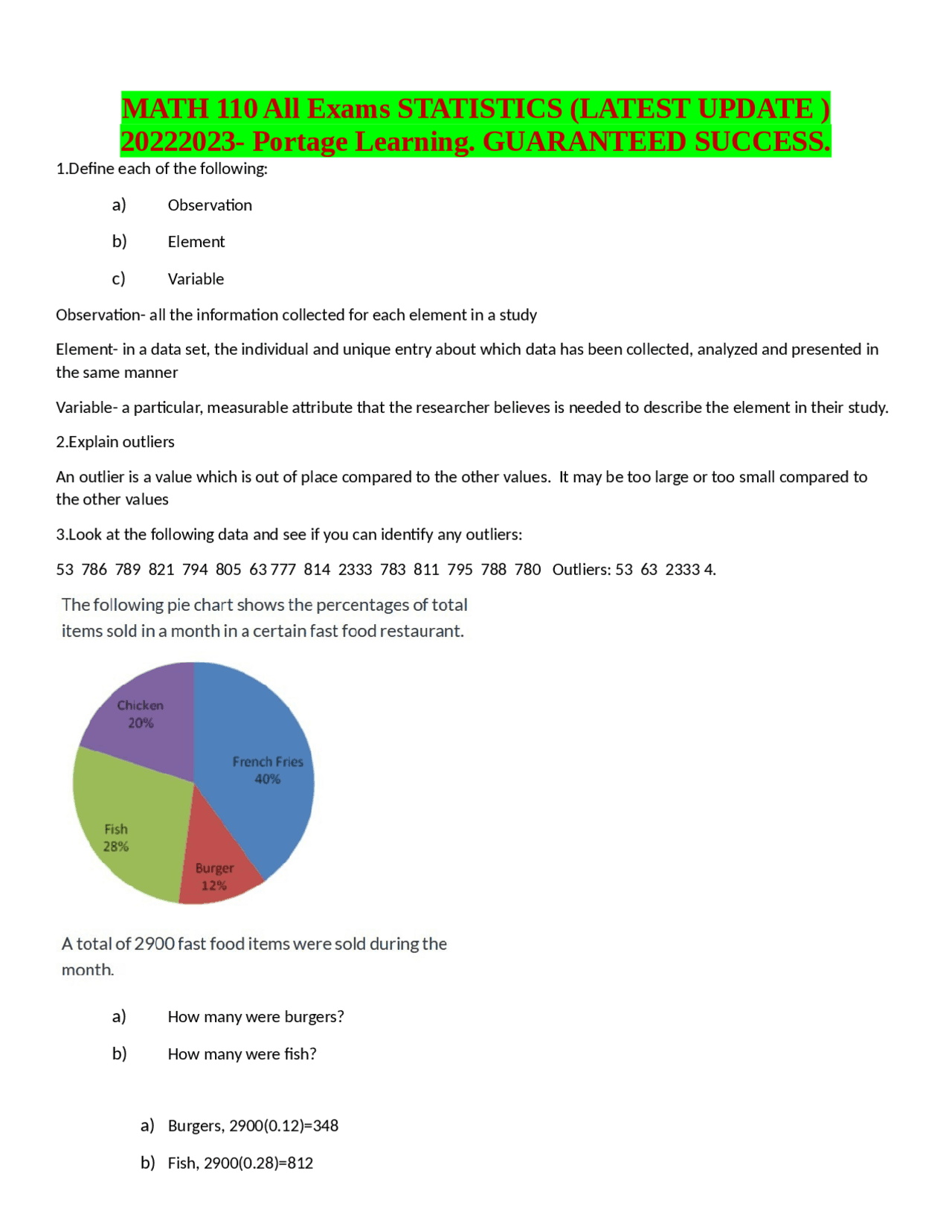 MATH 110 All Exams STATISTICS (LATEST UPDATE ) 20222023- Portage ...