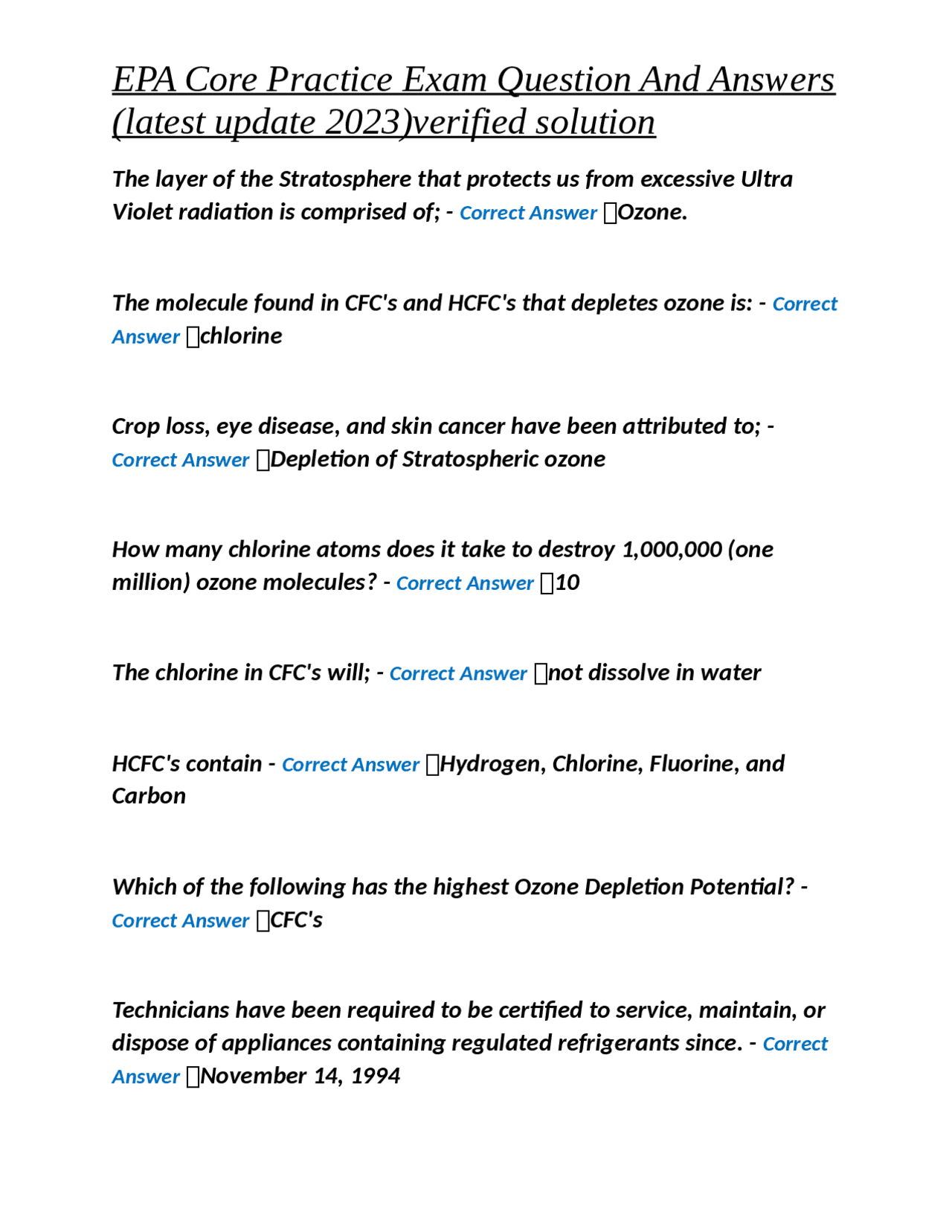 Epa Core Practice Exam Question And Answers Latest Update 2023
